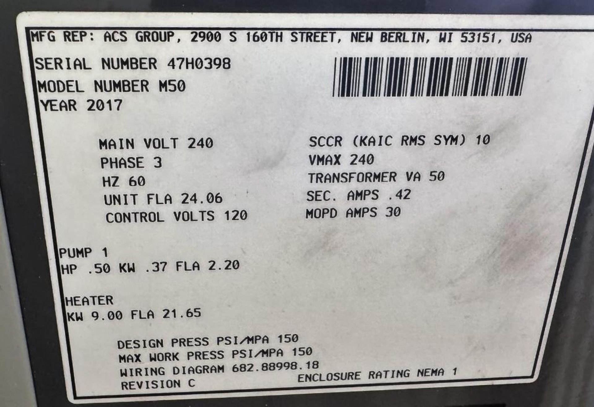 Sterling Temperature Controller, Model M50, Serial# 47H0398, Year 2017.