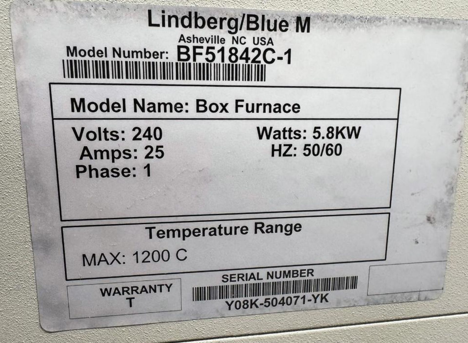 Lindberg Blue M Box Furnace, Model BF51842C-1, Serial# Y08K-504071-YK.