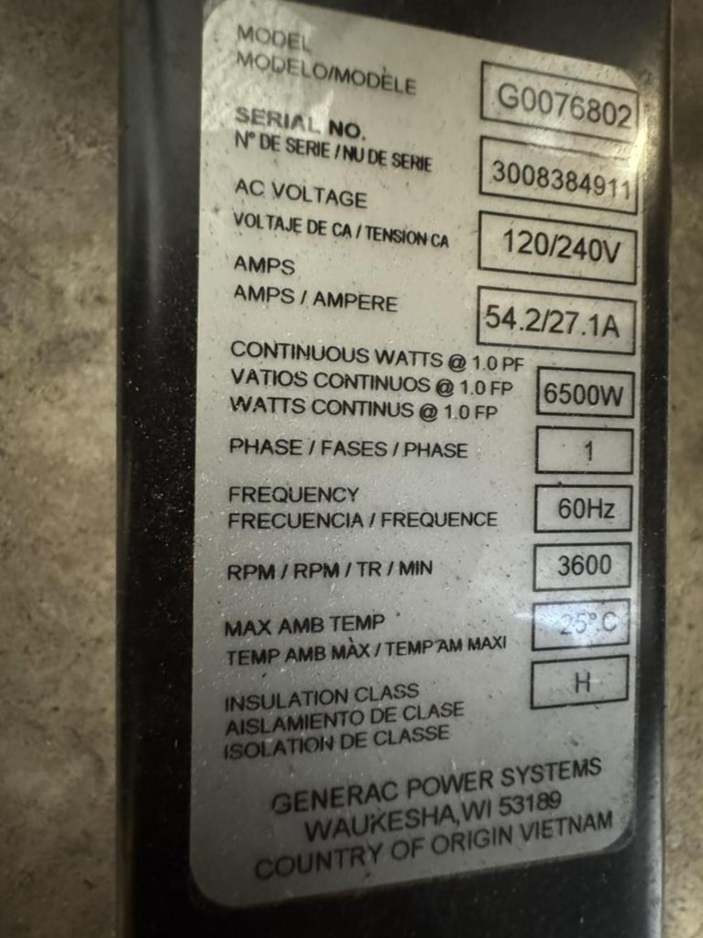 Generac Power Rush GP6500 Portable Generator, Model# G0076802, Serial ...