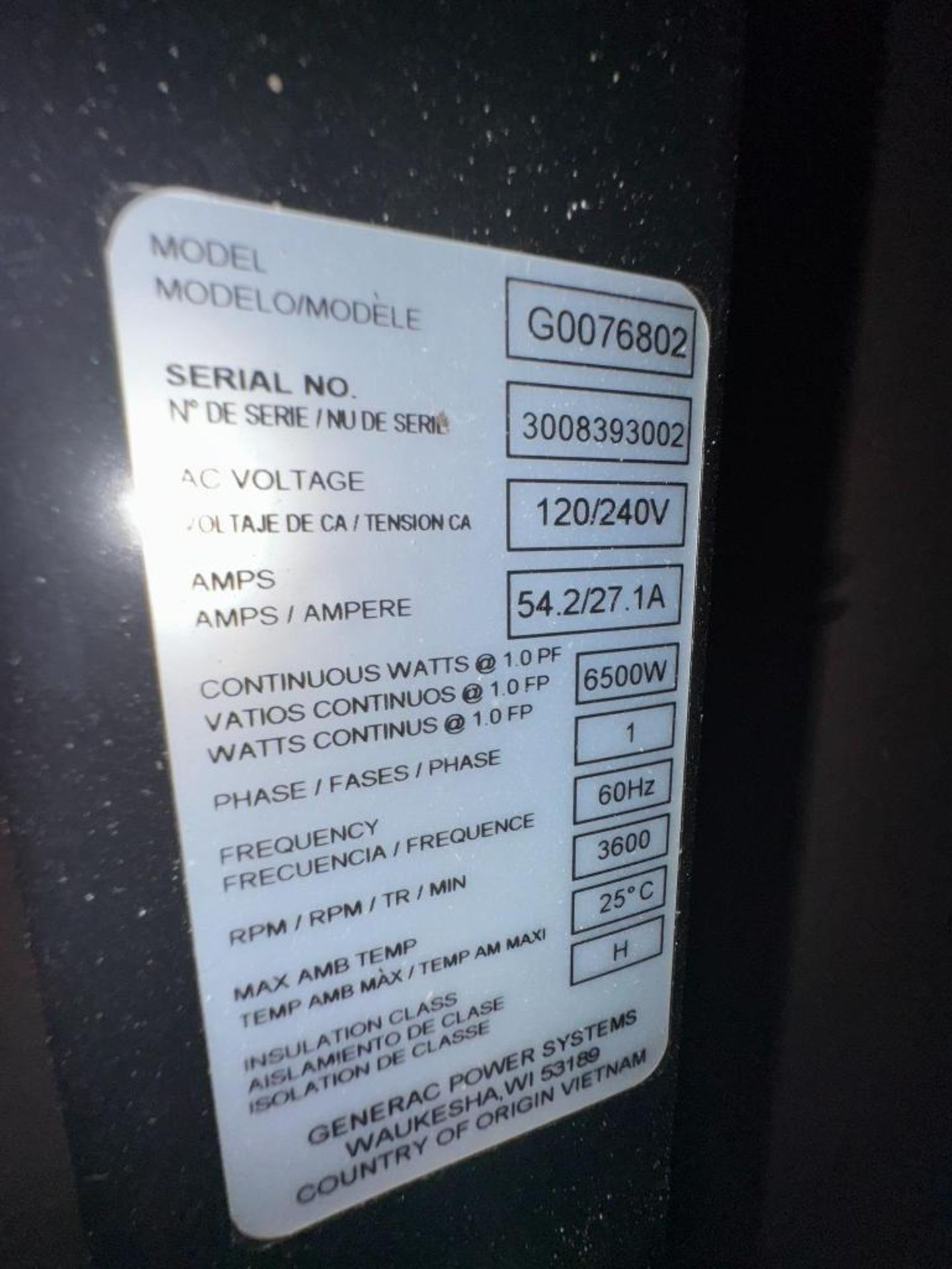 Generac Power Rush GP6500 Portable Generator, Model# G0076802, Serial ...