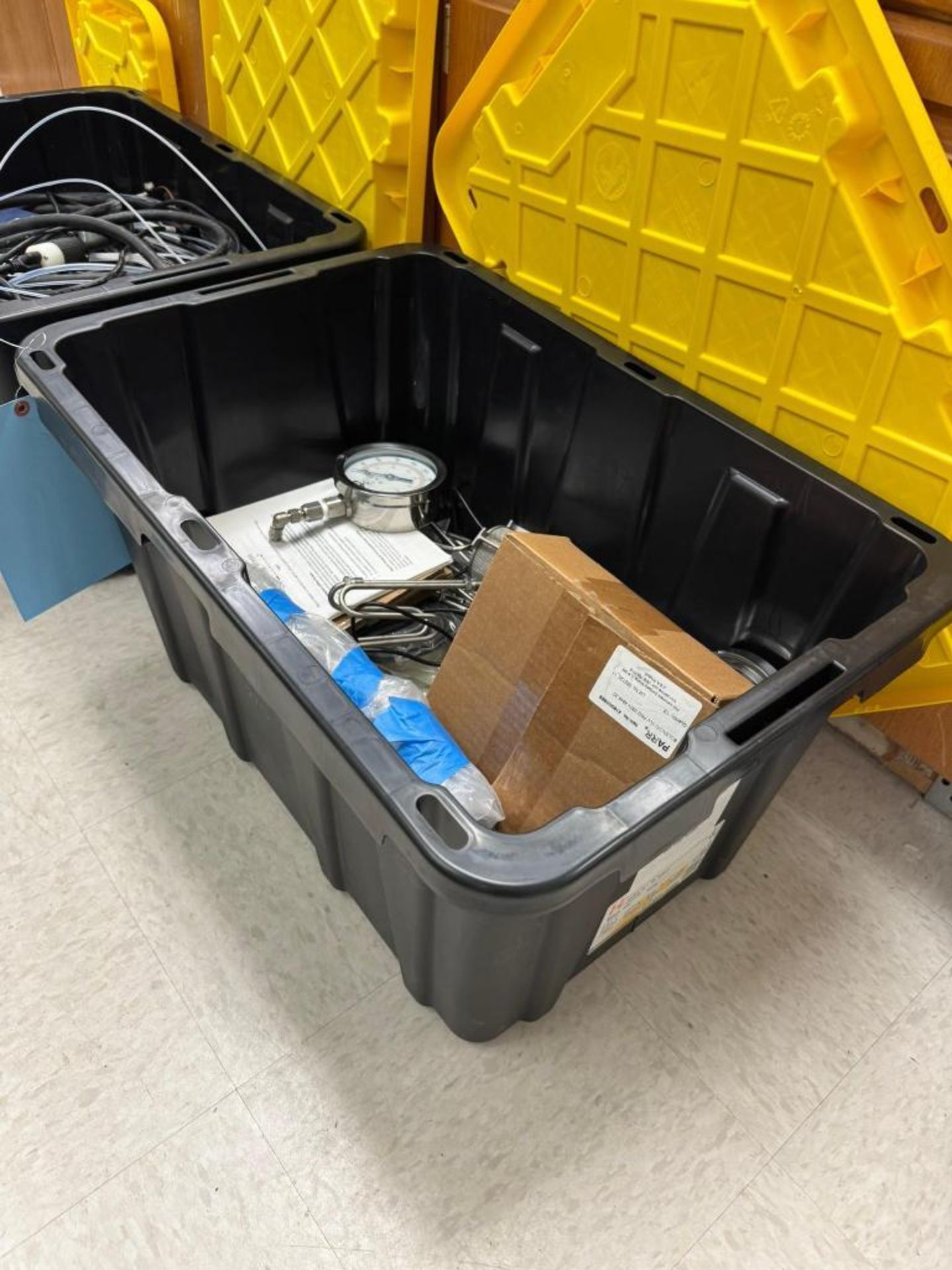 Lot Of Assorted Parr Parts. With (4) bins of stirrers, baskets, filter ...