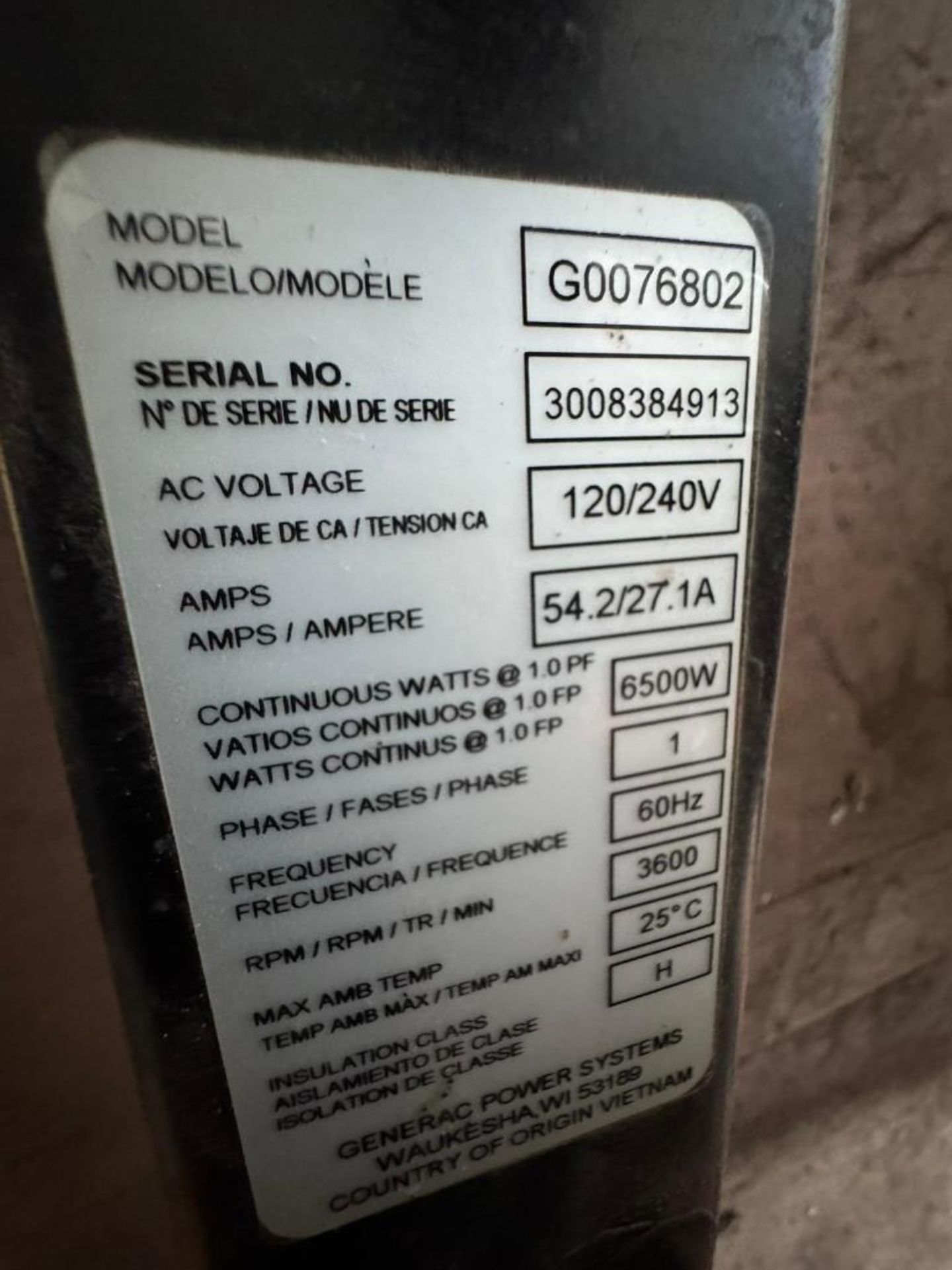 Generac Power Rush GP6500 Portable Generator, Model# G0076802, Serial ...