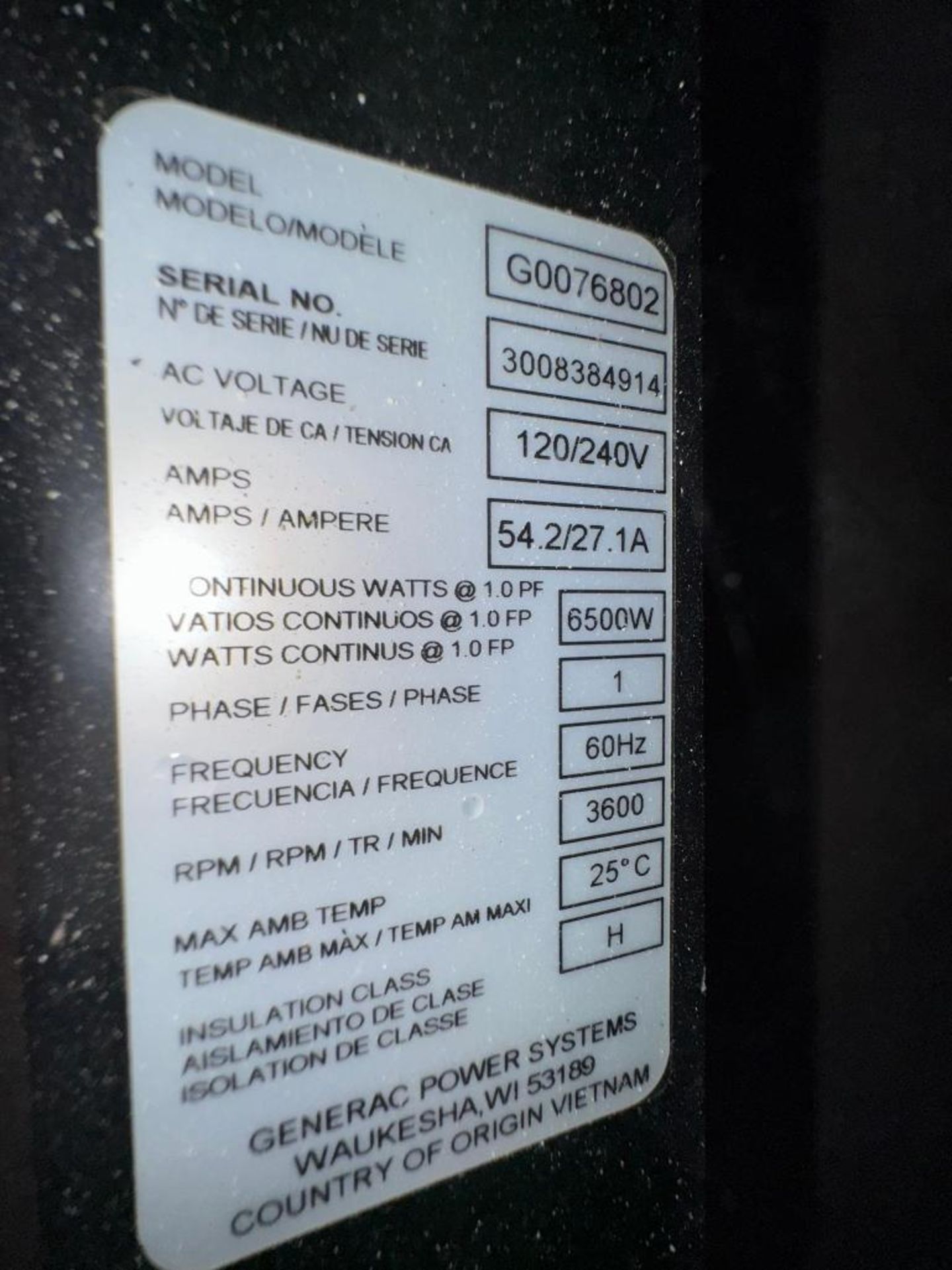 Generac Power Rush GP6500 Portable Generator, Model# G0076802, Serial ...