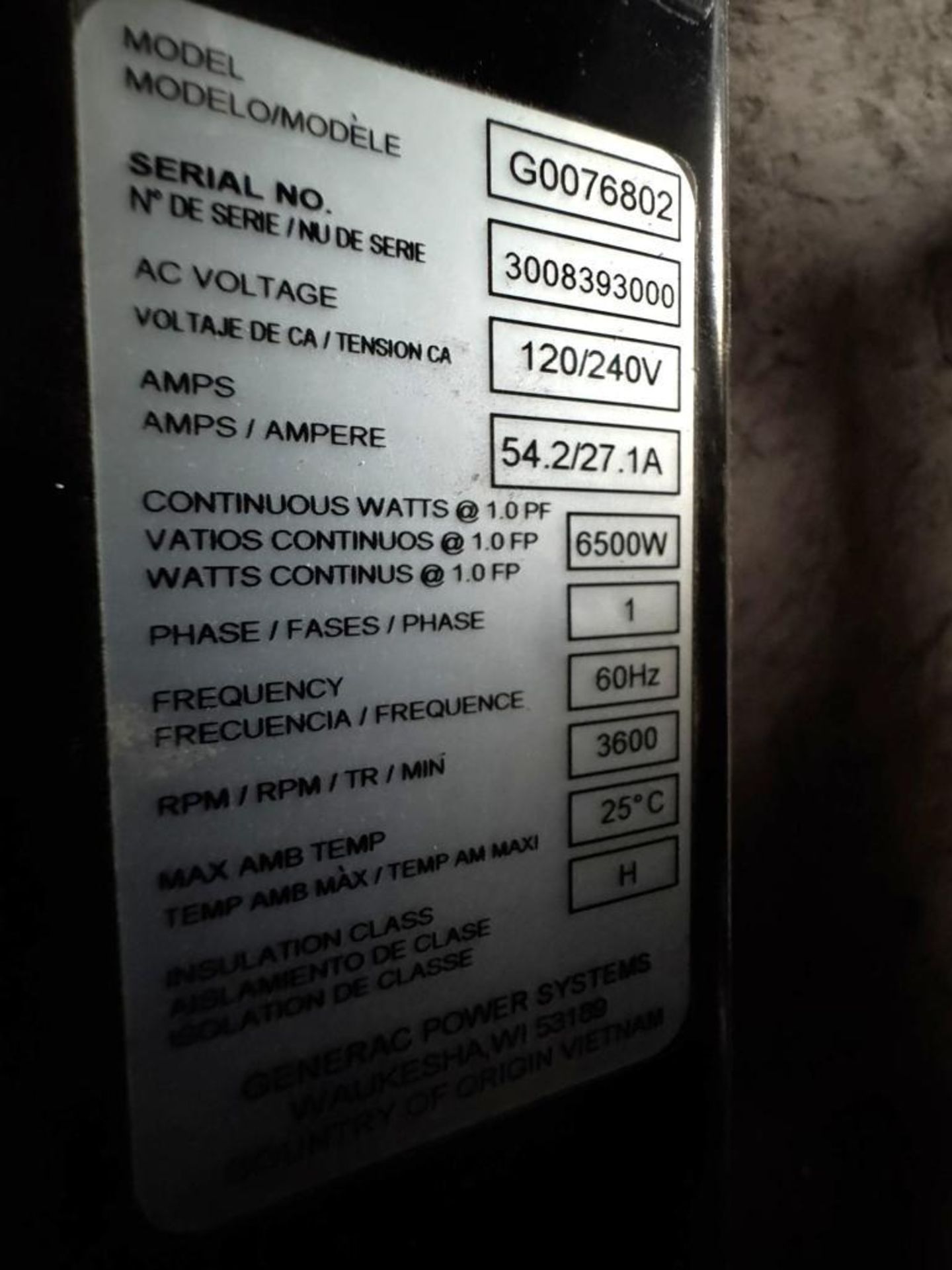 Generac Power Rush GP6500 Portable Generator, Model# G0076802, Serial ...