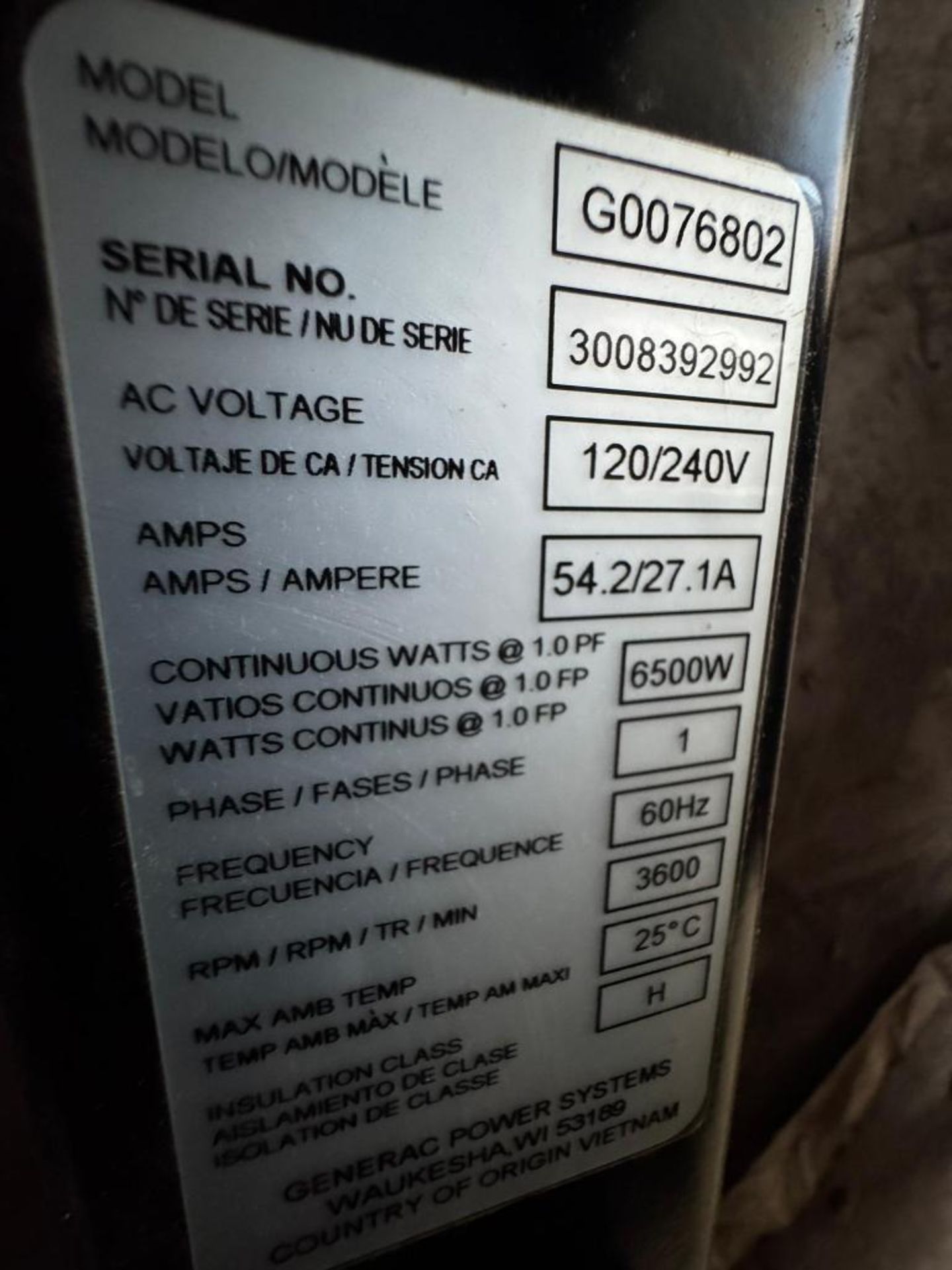 Generac Power Rush GP6500 Portable Generator, Model# G0076802, Serial ...