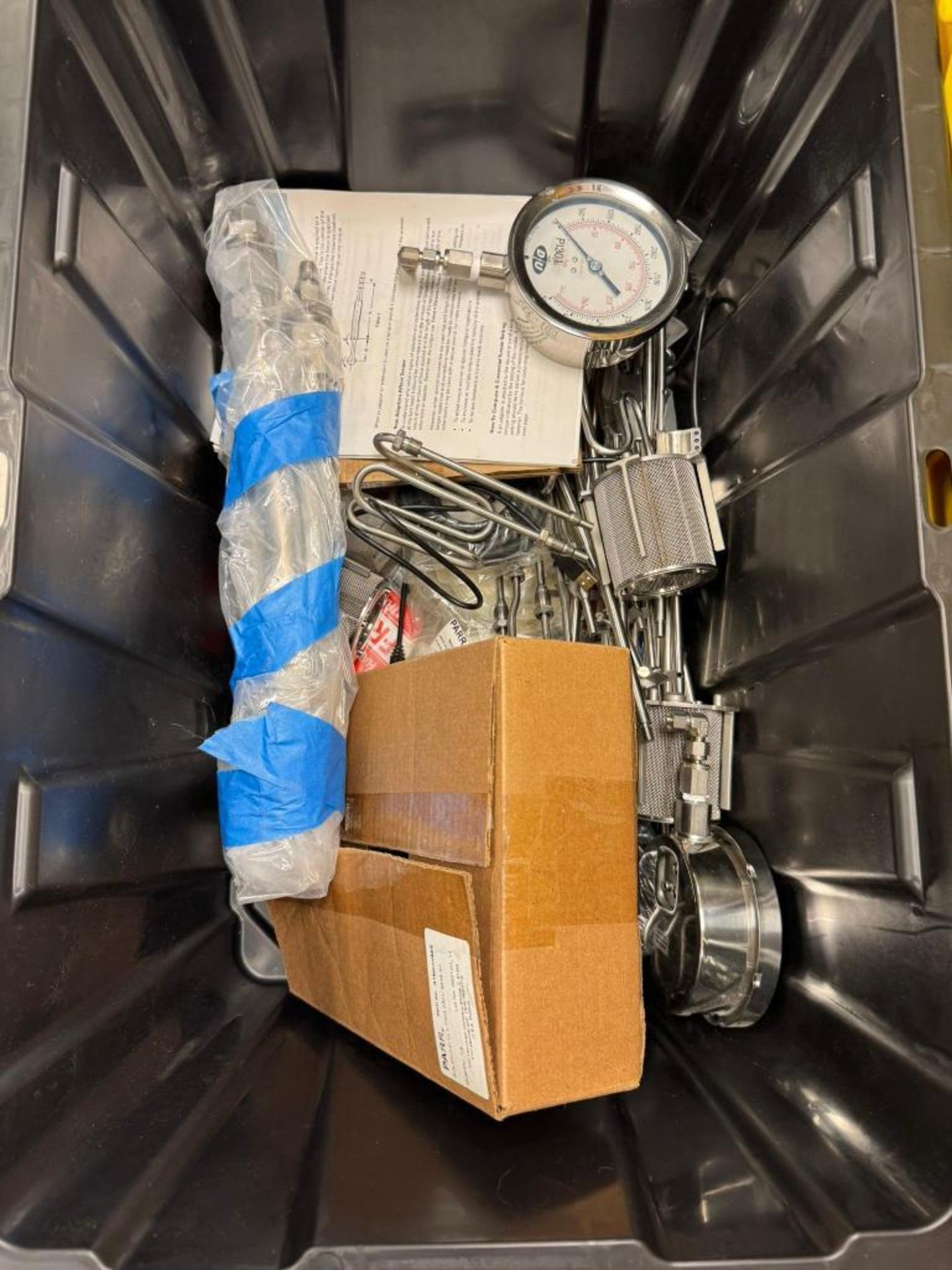 Lot Of Assorted Parr Parts. With (4) bins of stirrers, baskets, filter ...