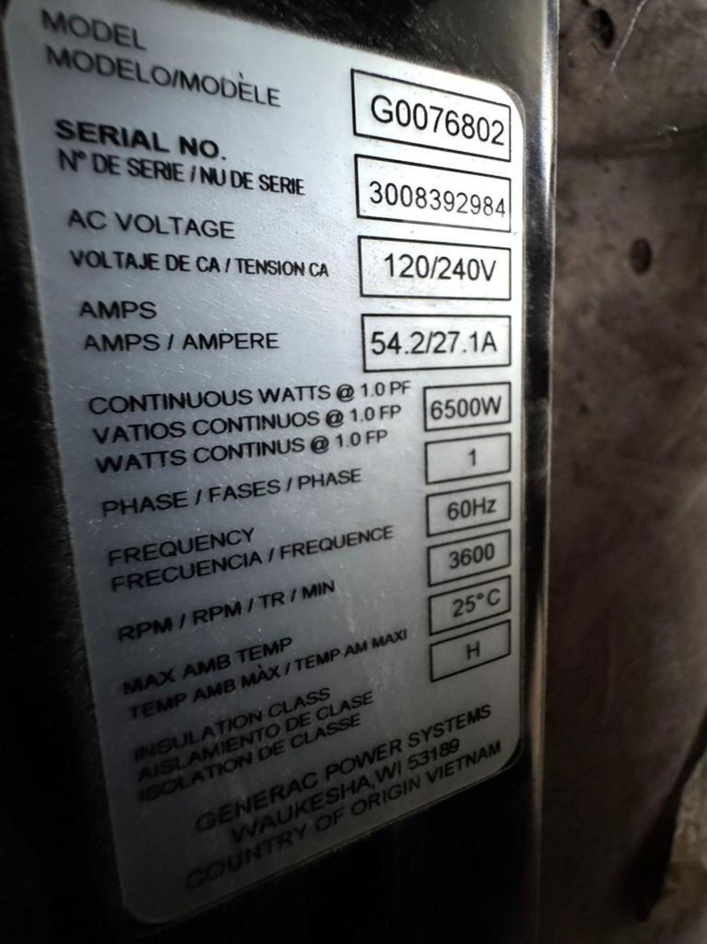 Generac Power Rush GP6500 Portable Generator, Model# G0076802, Serial ...