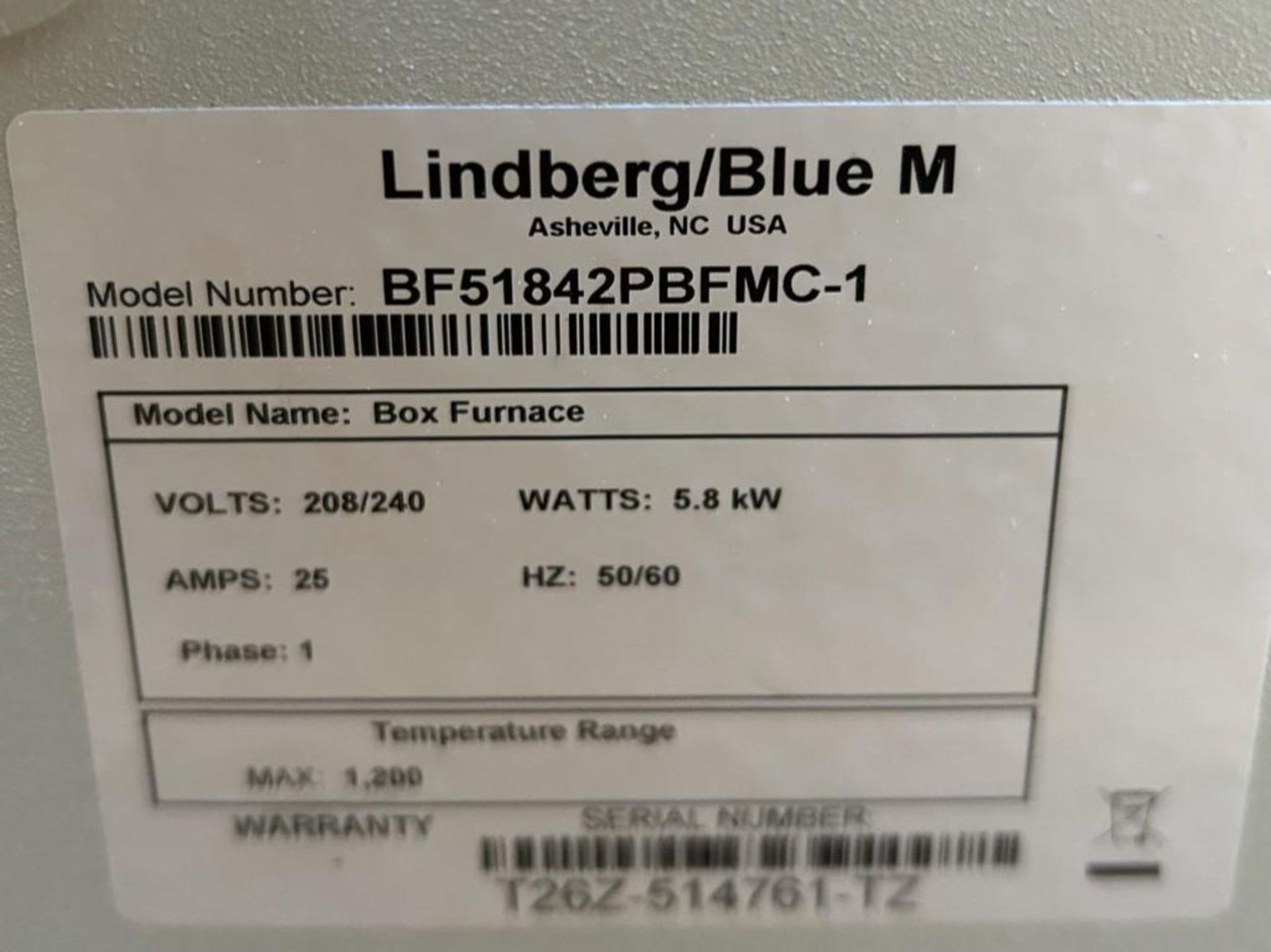 Lindberg Blue M Box Furnace, Model BF51842PBFMC-1, Serial# T26Z-514761-TZ.
