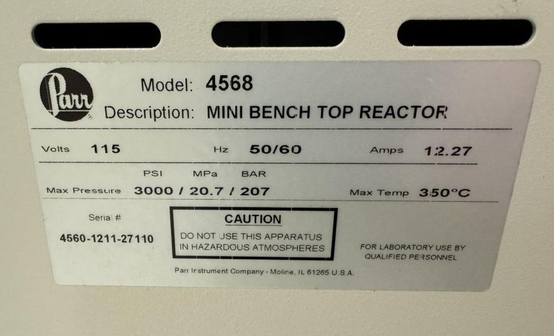 Parr Instruments Series 4568 Mini Bench Top Reactor, Serial# 4560-1211 ...