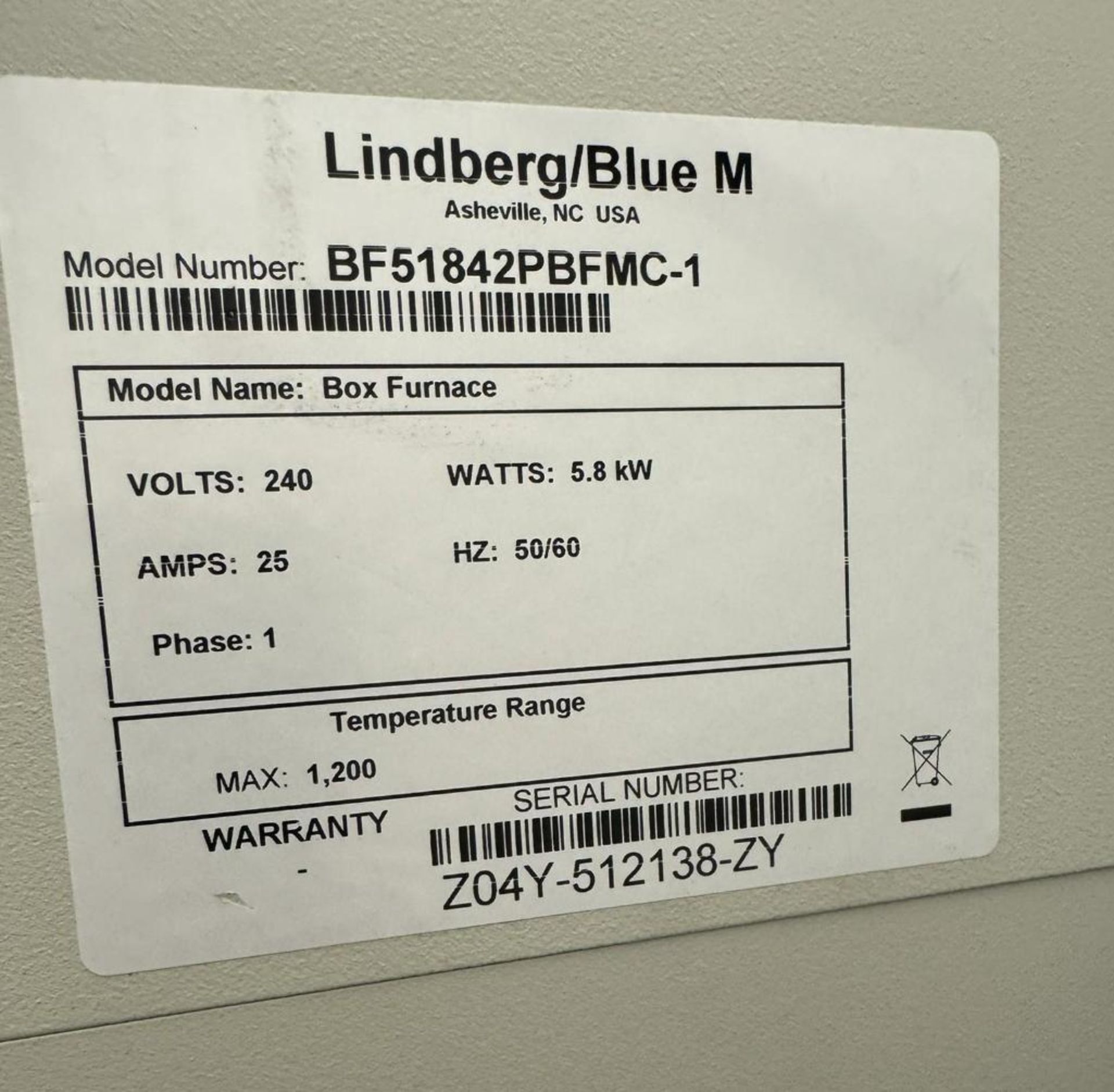 Lindberg Blue M Box Furnace, Model BF51842PBFMC-1, Serial# Z04Y-512138-ZY.