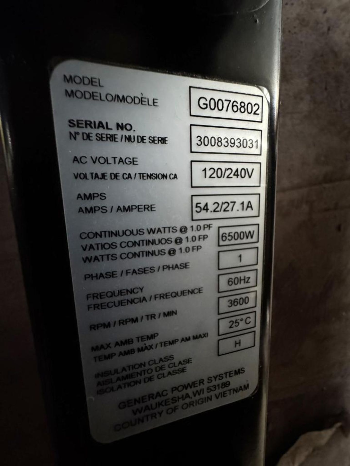Generac Power Rush GP6500 Portable Generator, Model# G0076802, Serial ...