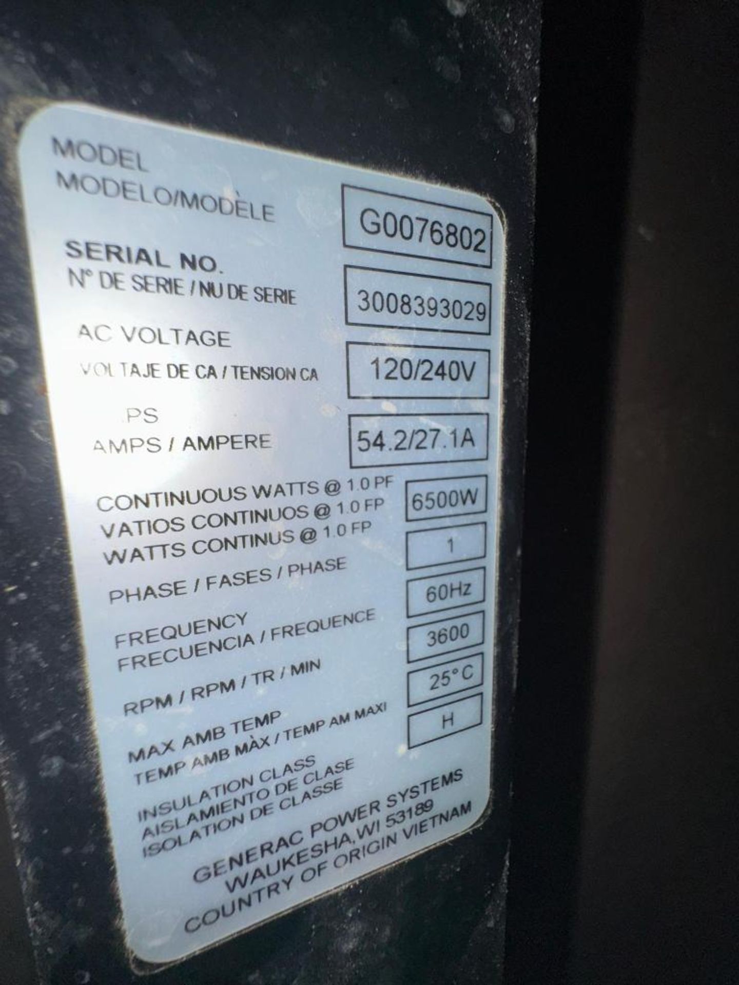 Generac Power Rush GP6500 Portable Generator, Model# G0076802, Serial ...