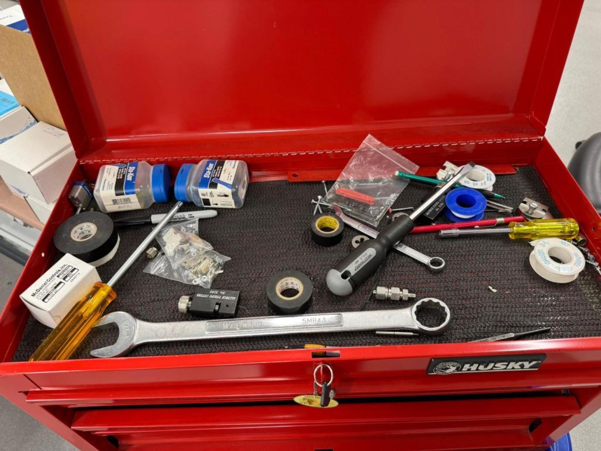 Lot consisting of: (1) Husky Top Tool Chest Red, (1) Westward Rolling ...