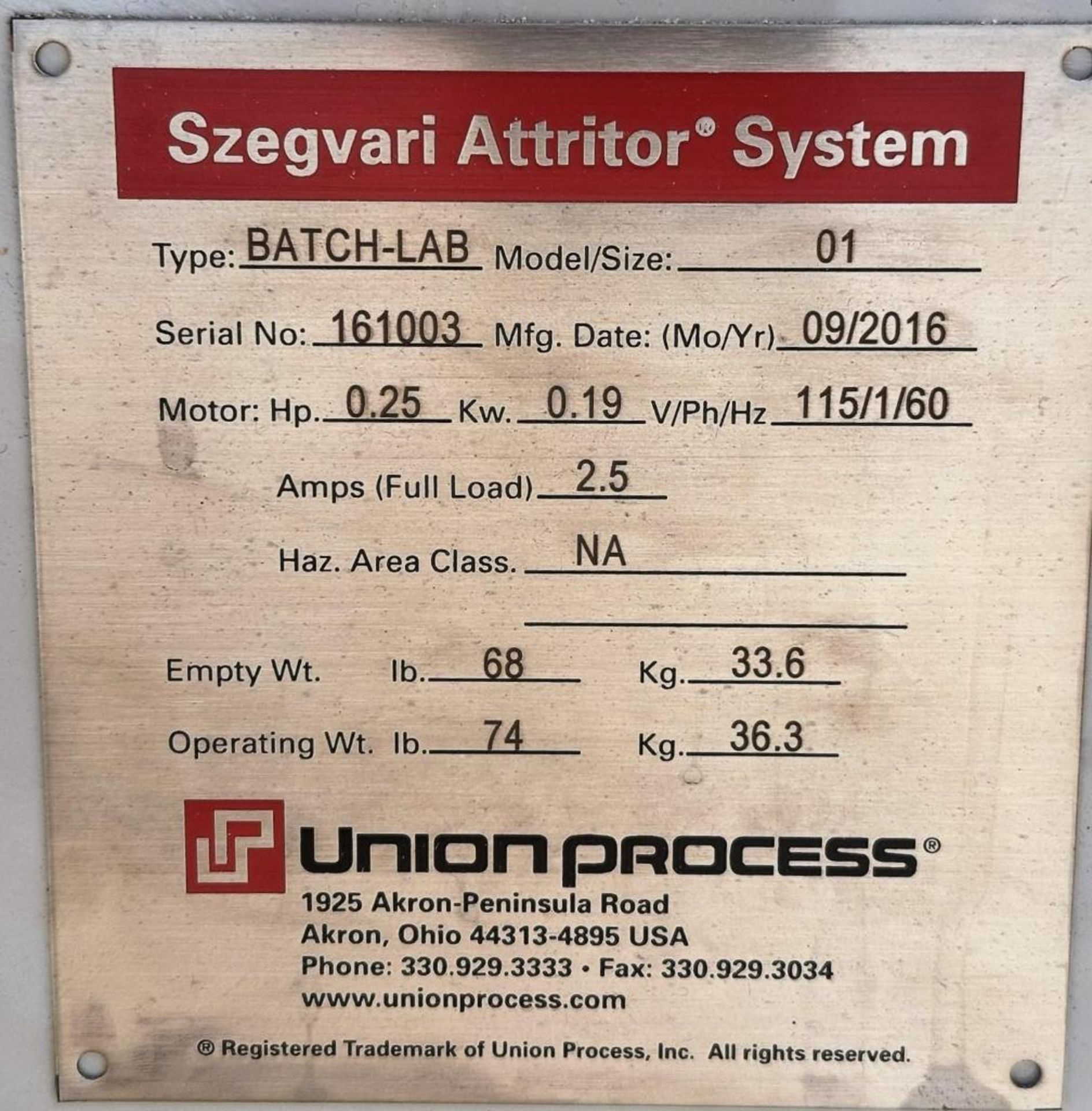 Union Process Szegvari Batch Lab Attritor Mill, Model/Size 01, Serial ...