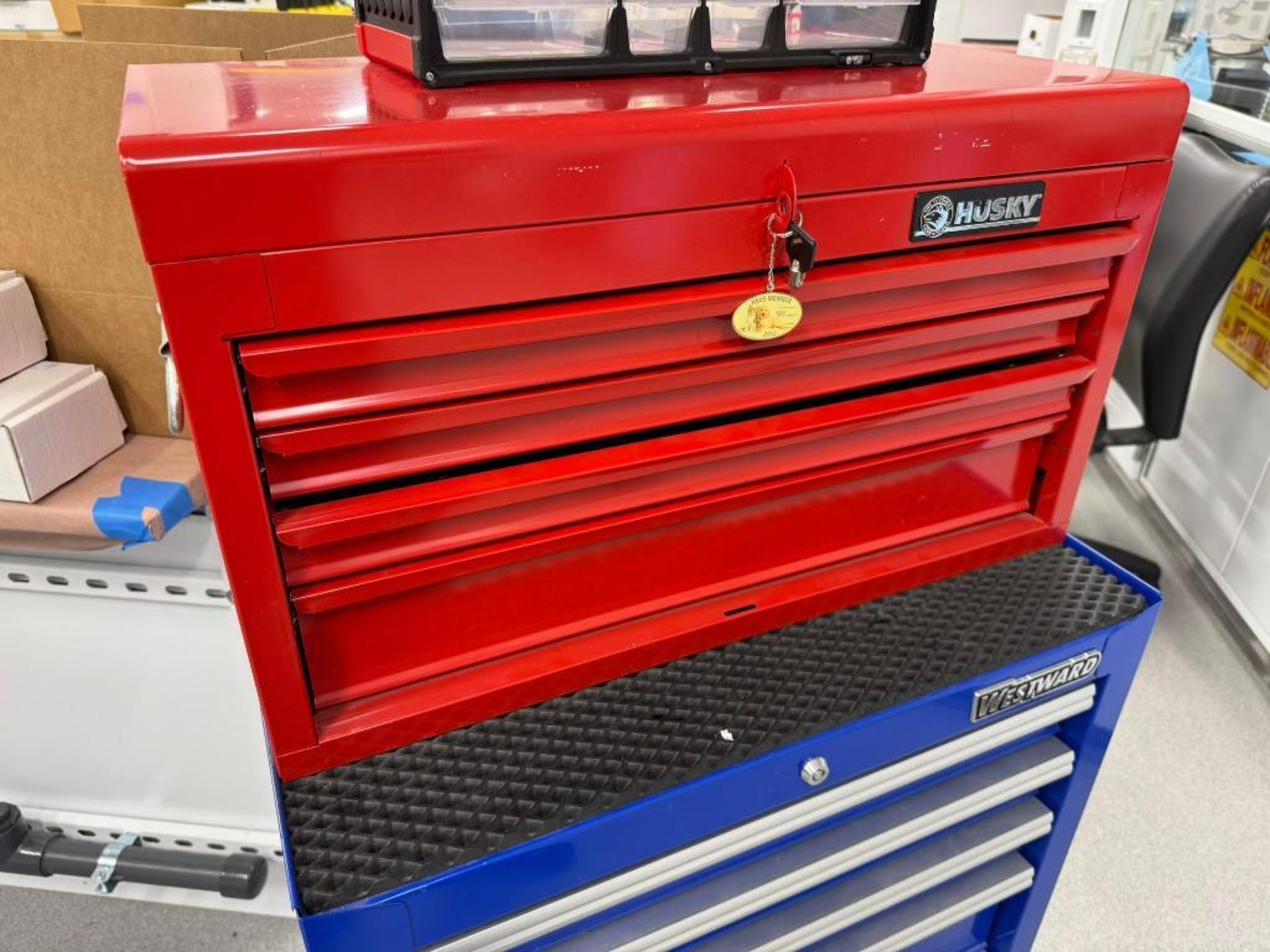 Lot consisting of: (1) Husky Top Tool Chest Red, (1) Westward Rolling ...