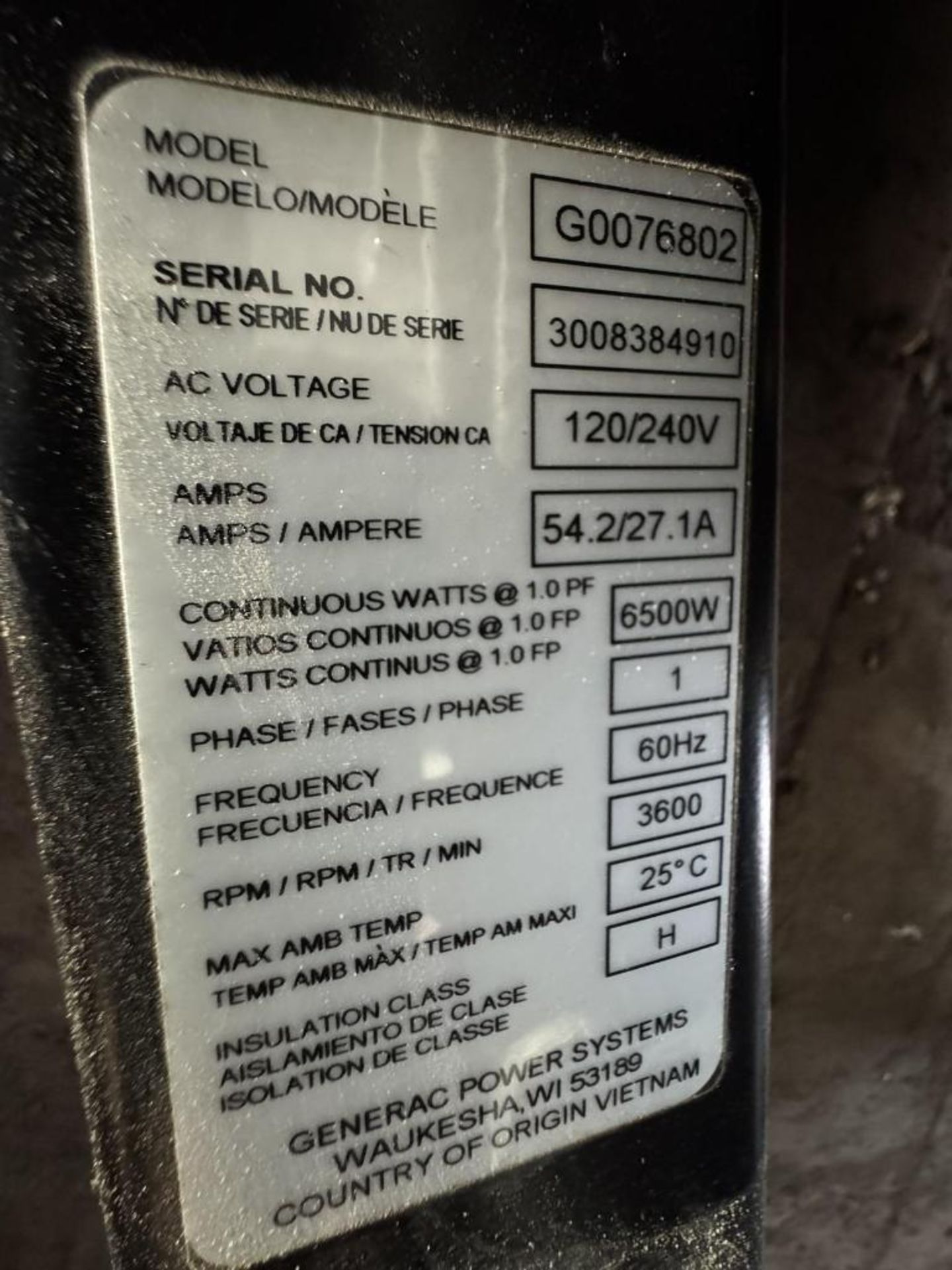 Generac Power Rush GP6500 Portable Generator, Model# G0076802, Serial ...