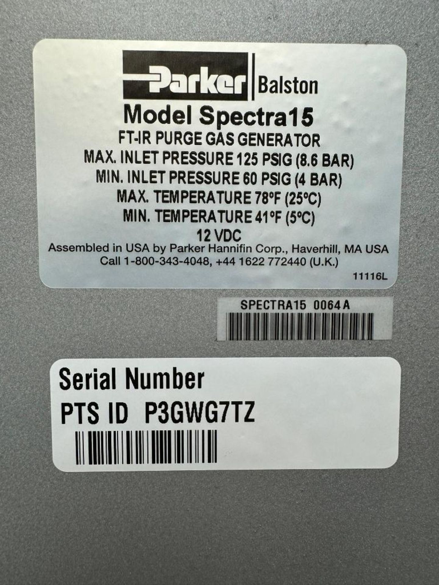Parker Spectra FTIR Gas Generator, Model # Spectra15, Serial # PTS-ID ...
