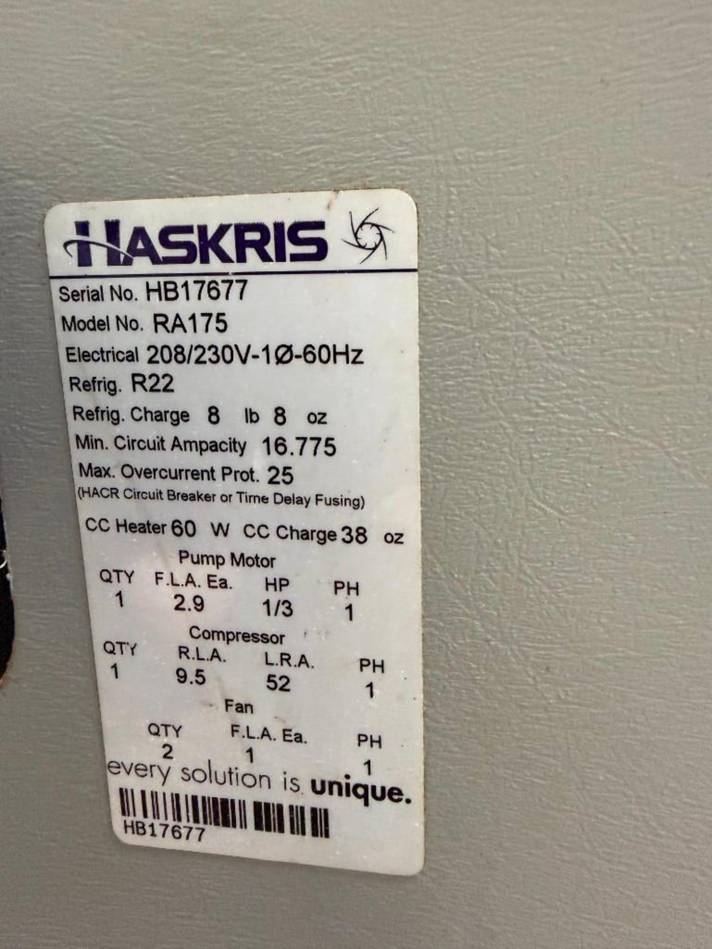 Haskris Chiller Model RA175, S/N HB17677