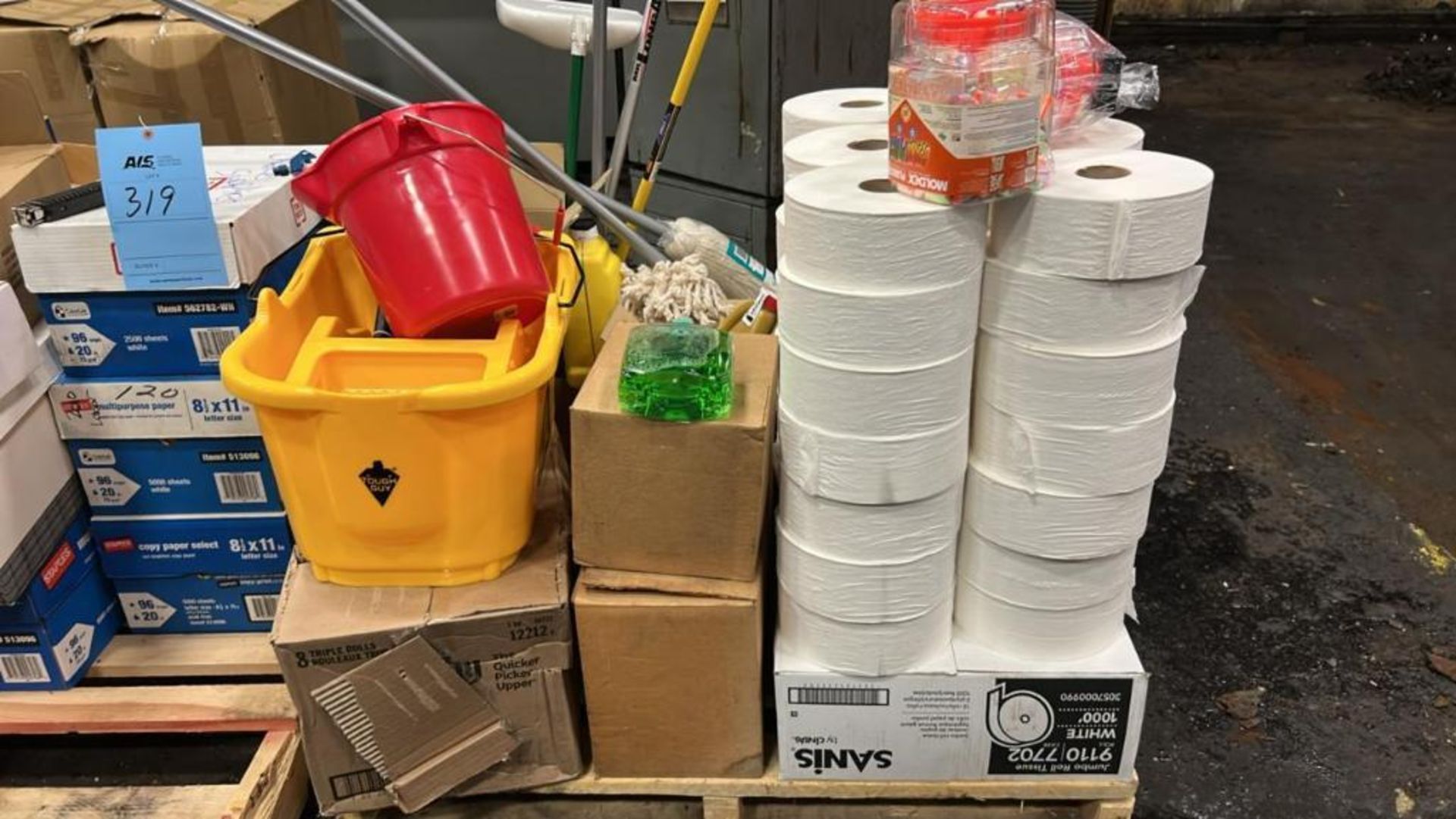 Lot (3) Pallets of: Assorted Office, Cleaning, and Bathroom Supplies.