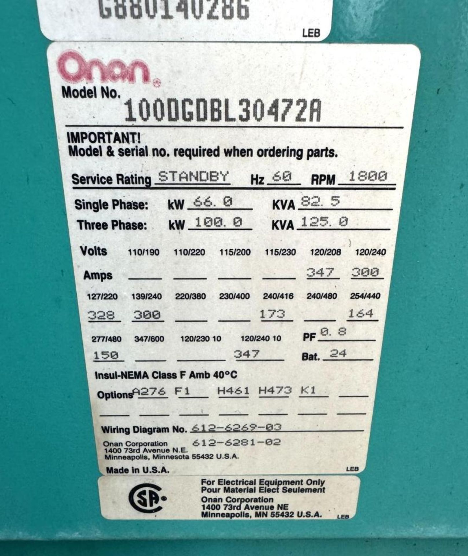 Onan 100 kw Diesel Generator, Model 100DGDBL30472A, Serial# G880140286 ...