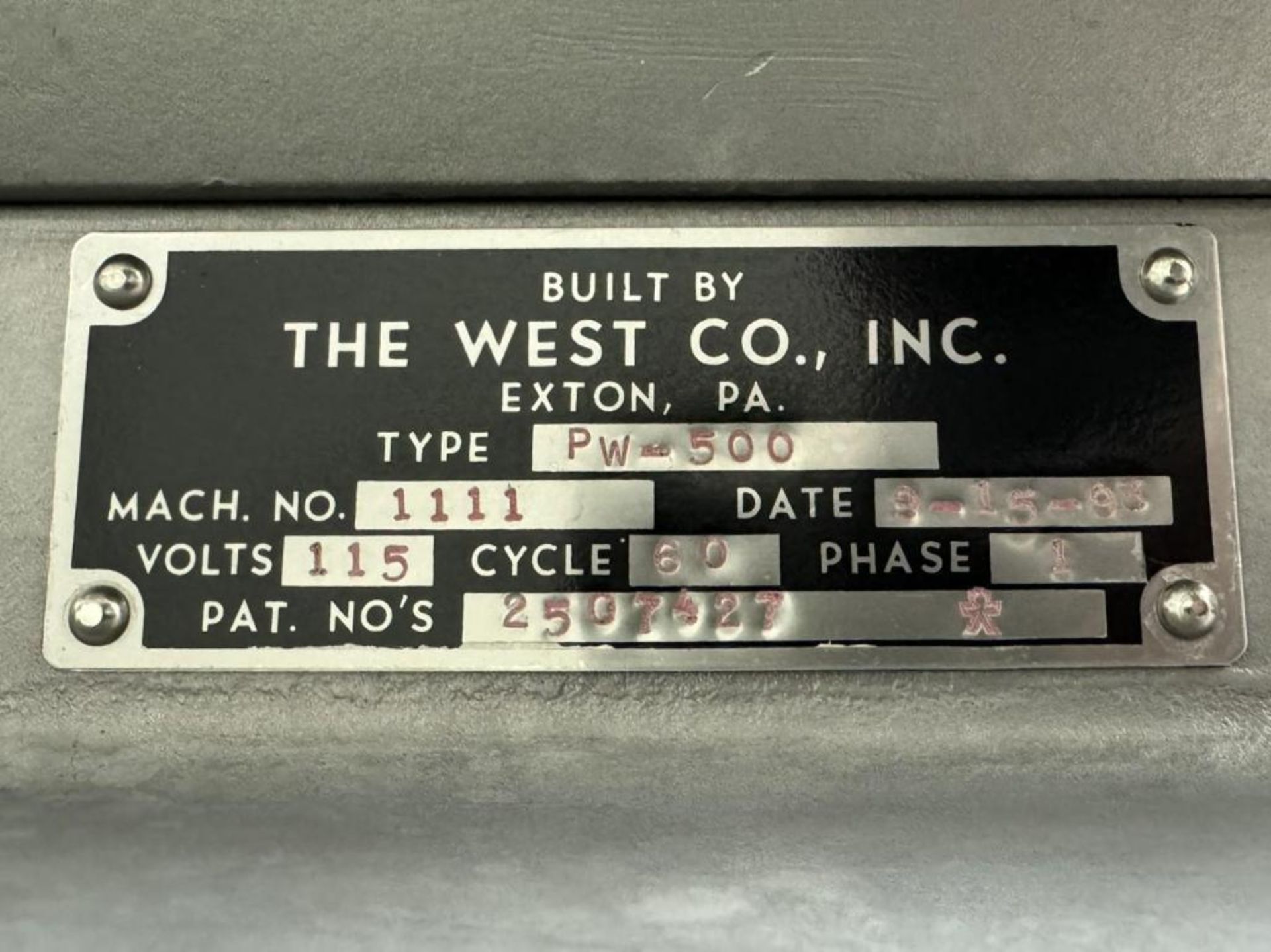 The West Company Westcapper Vial Capper, Model PW-500, Serial# 1111 ...