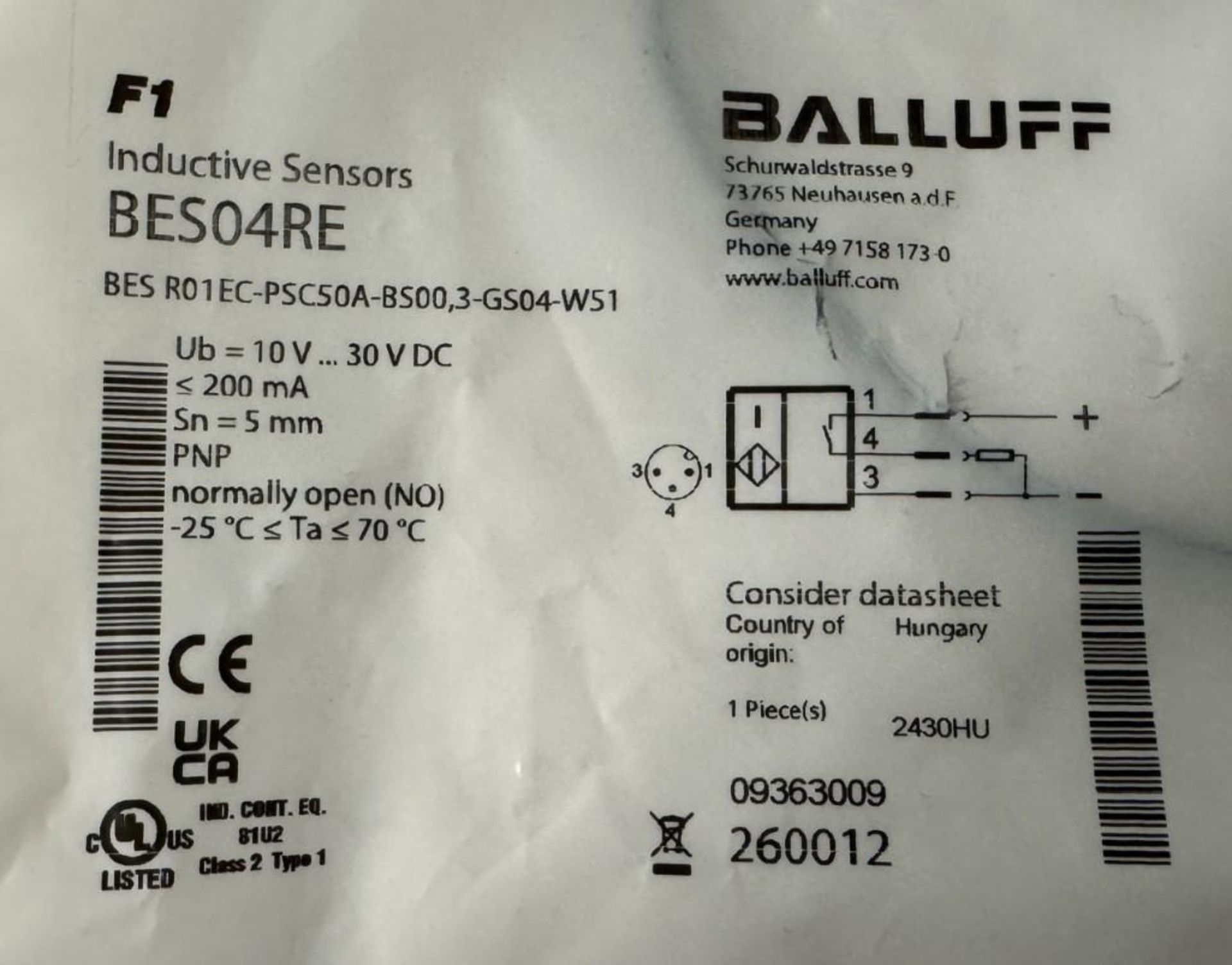 Lot of (4) Balluff #BES04RE Inductive Sensors