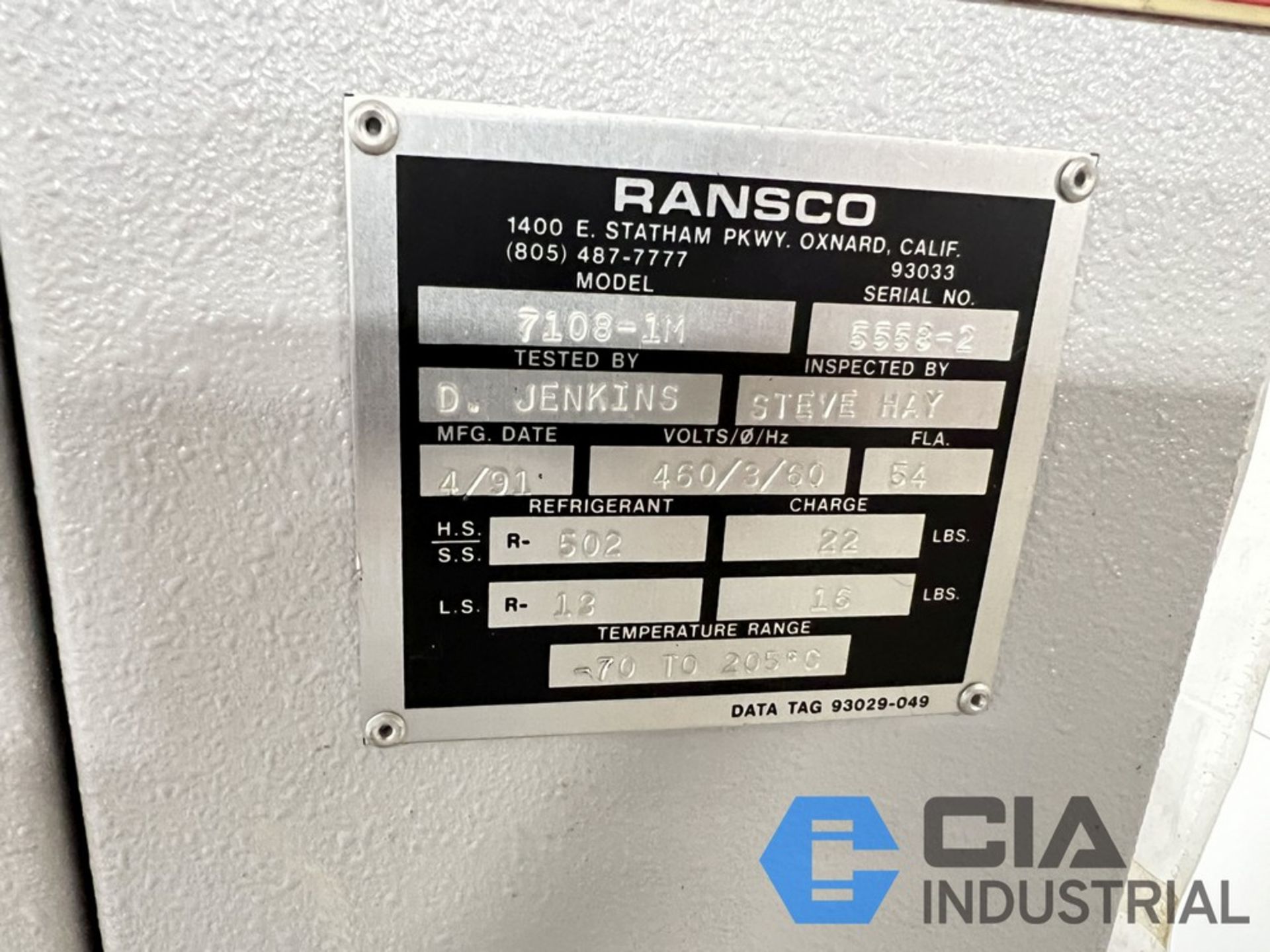 RANSCO IND. MODEL 7108-1 VERTICAL TWO-ZONE ENVIROMENTAL CHAMBER; S/N ...