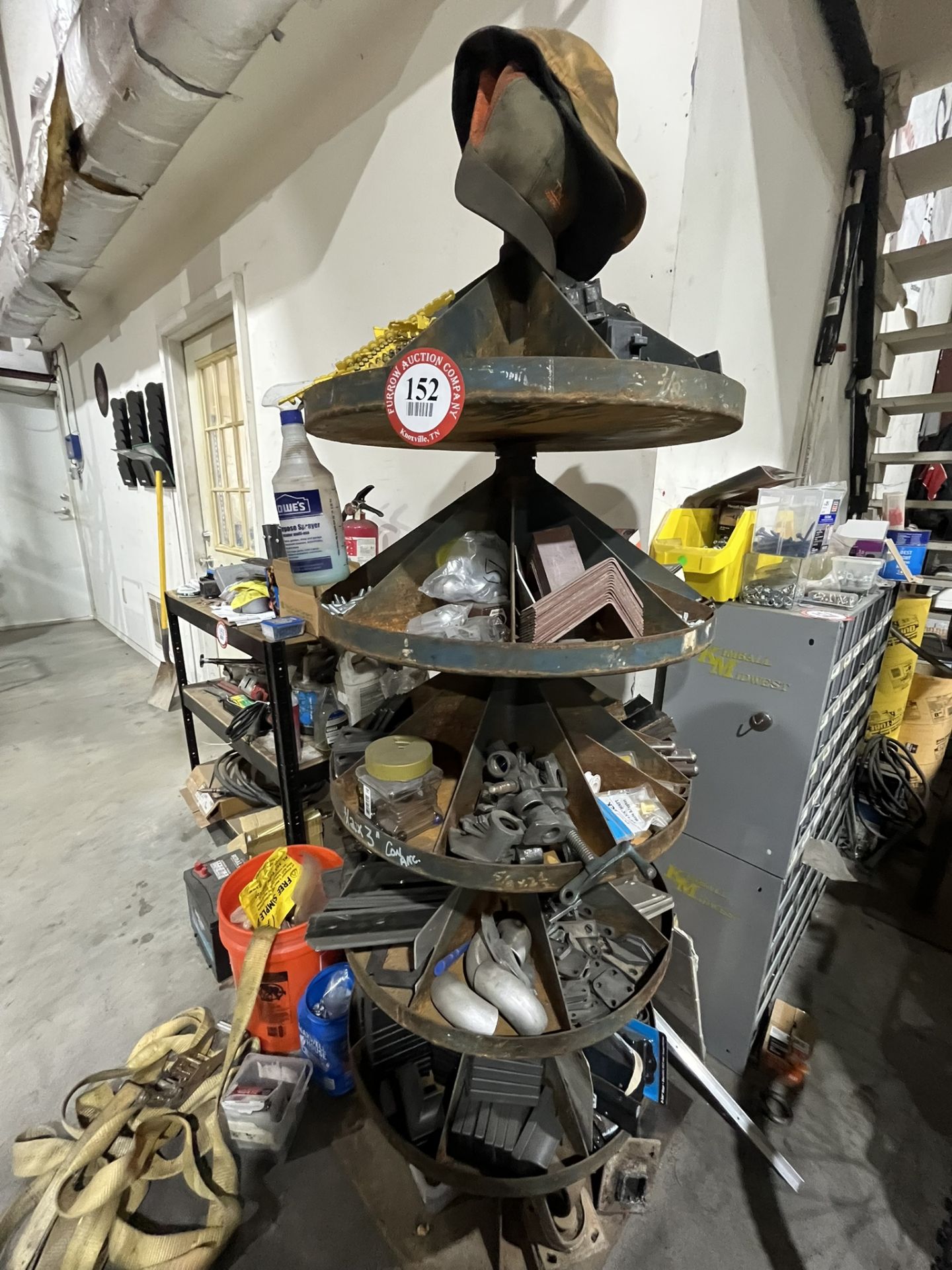 5 Tier Circular Metal Parts Bin with Rotating Shelves + Contents ...