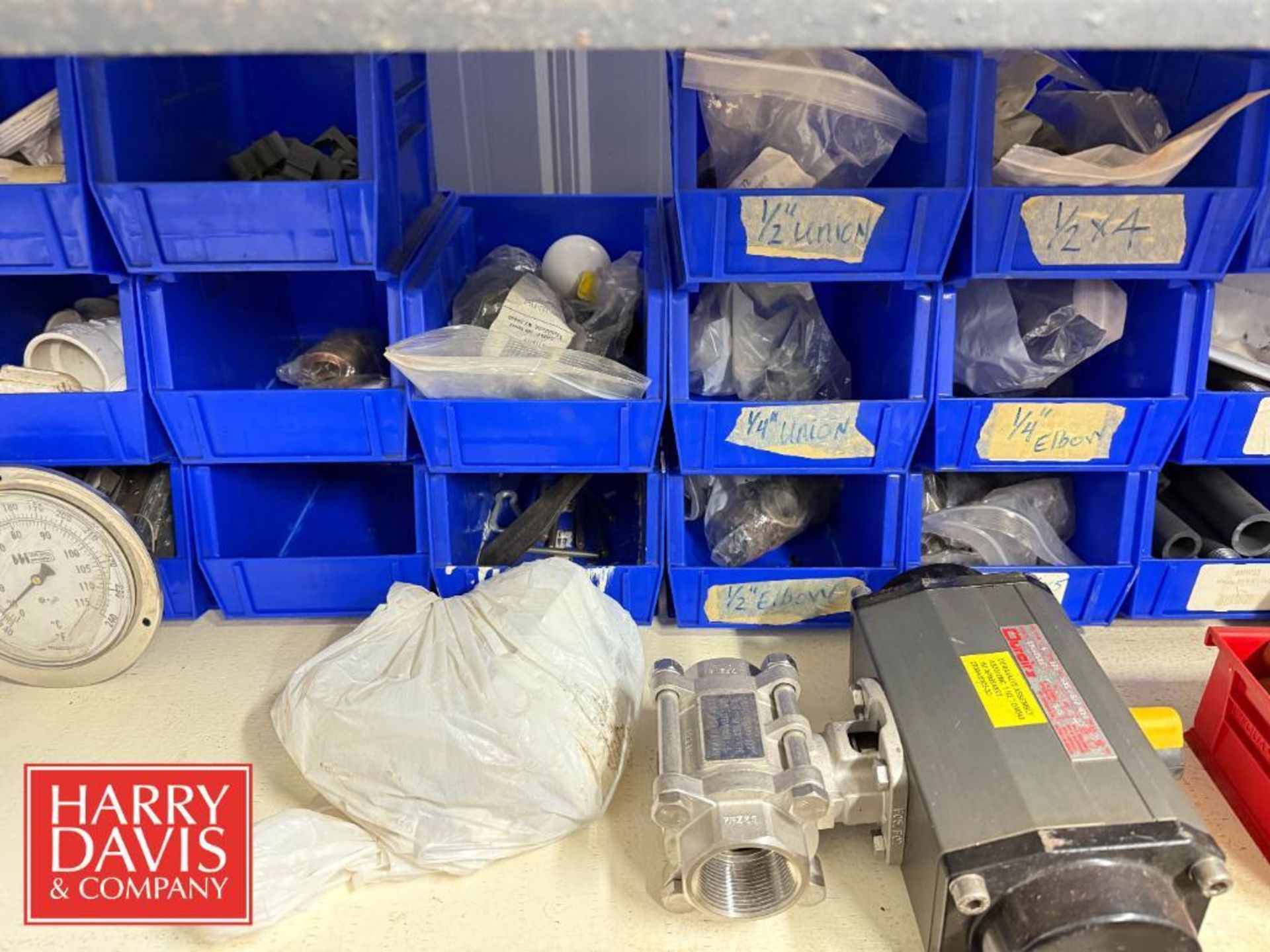 Shelf with Contents, Including: Vat Parts, Pump Parts, Valves, Fittings ...