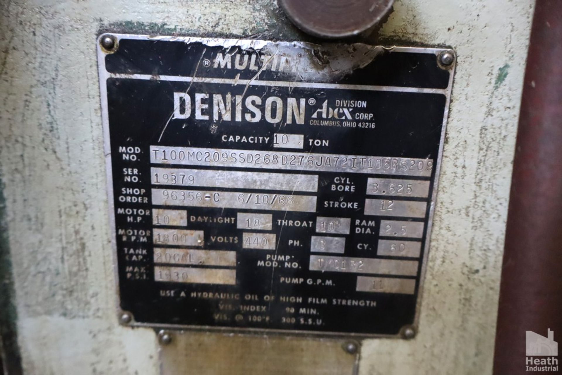 DENISON MODEL T100MC20955D268D276J A72IT106RS209 10 TON HYDRAULIC PRESS ...