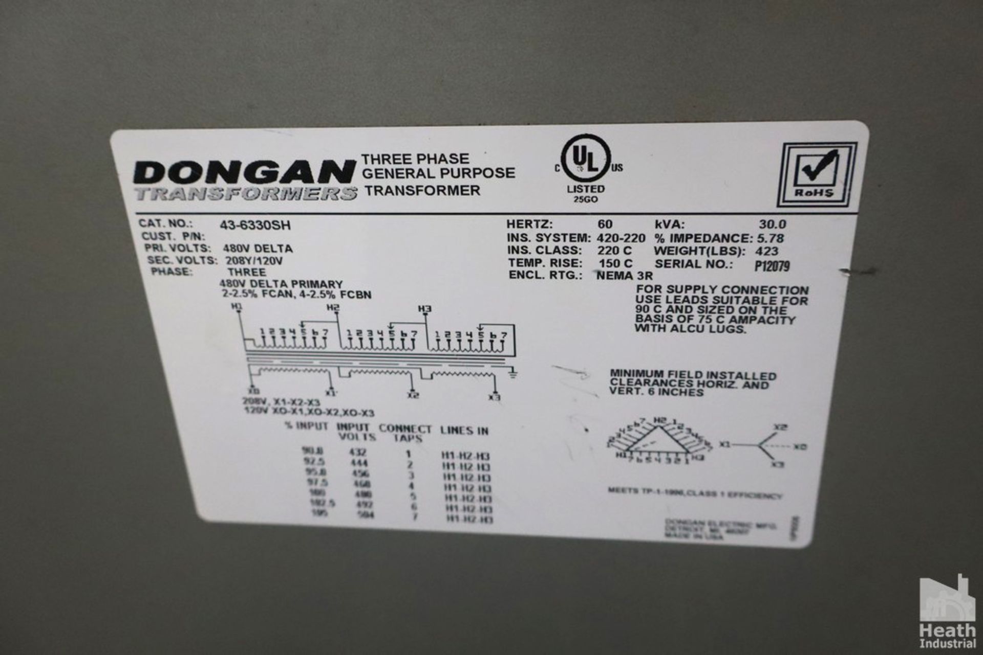 DONGAN 43-63305 H 3 PHASE 30 KVA 480V 208/120V SECONDARY
