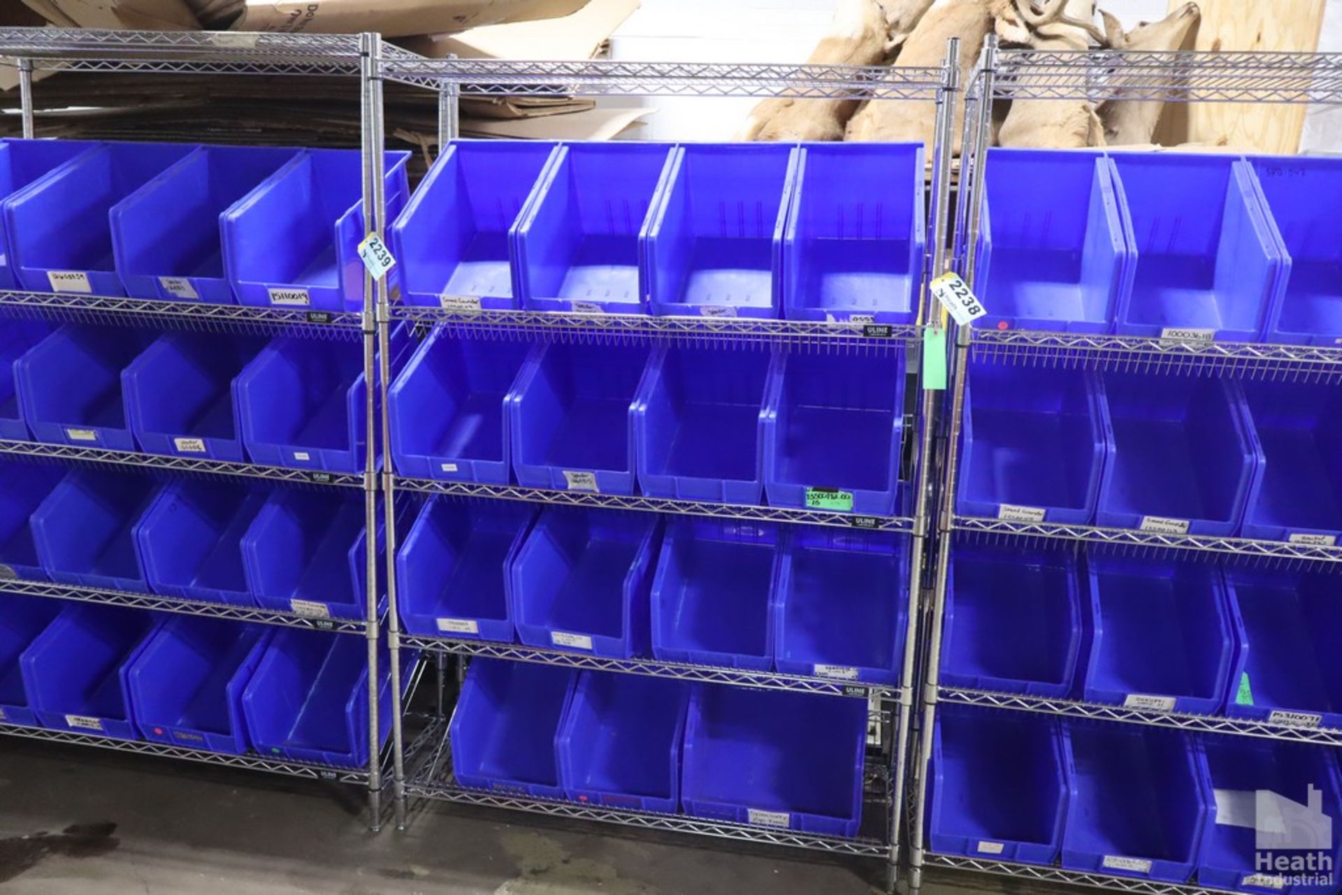 ULINE WIRE SHELF WITH SIXTEEN PLASTIC BINS 18" X 48" X 73"