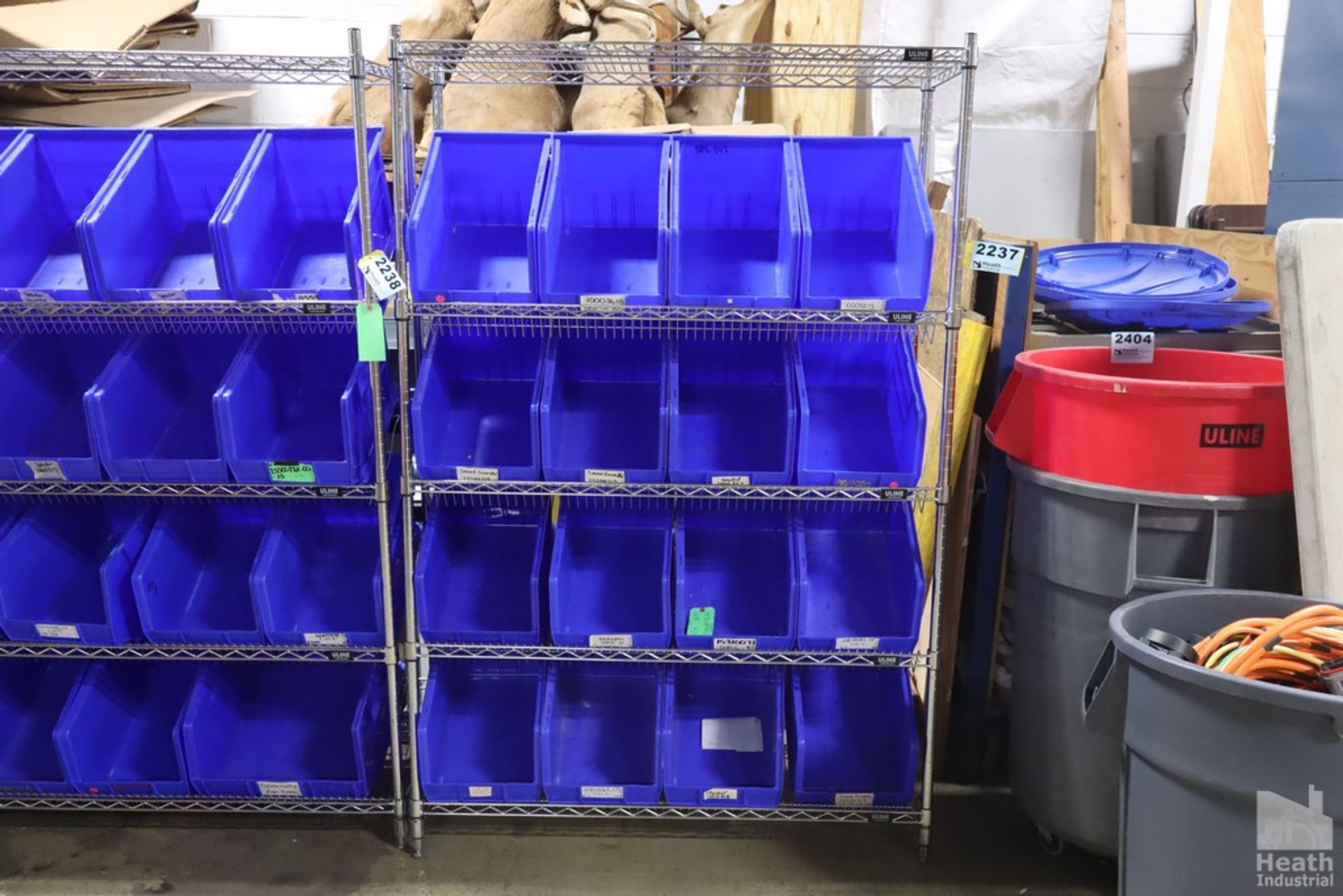 ULINE WIRE SHELF WITH SIXTEEN PLASTIC BINS 18" X 48" X 73"