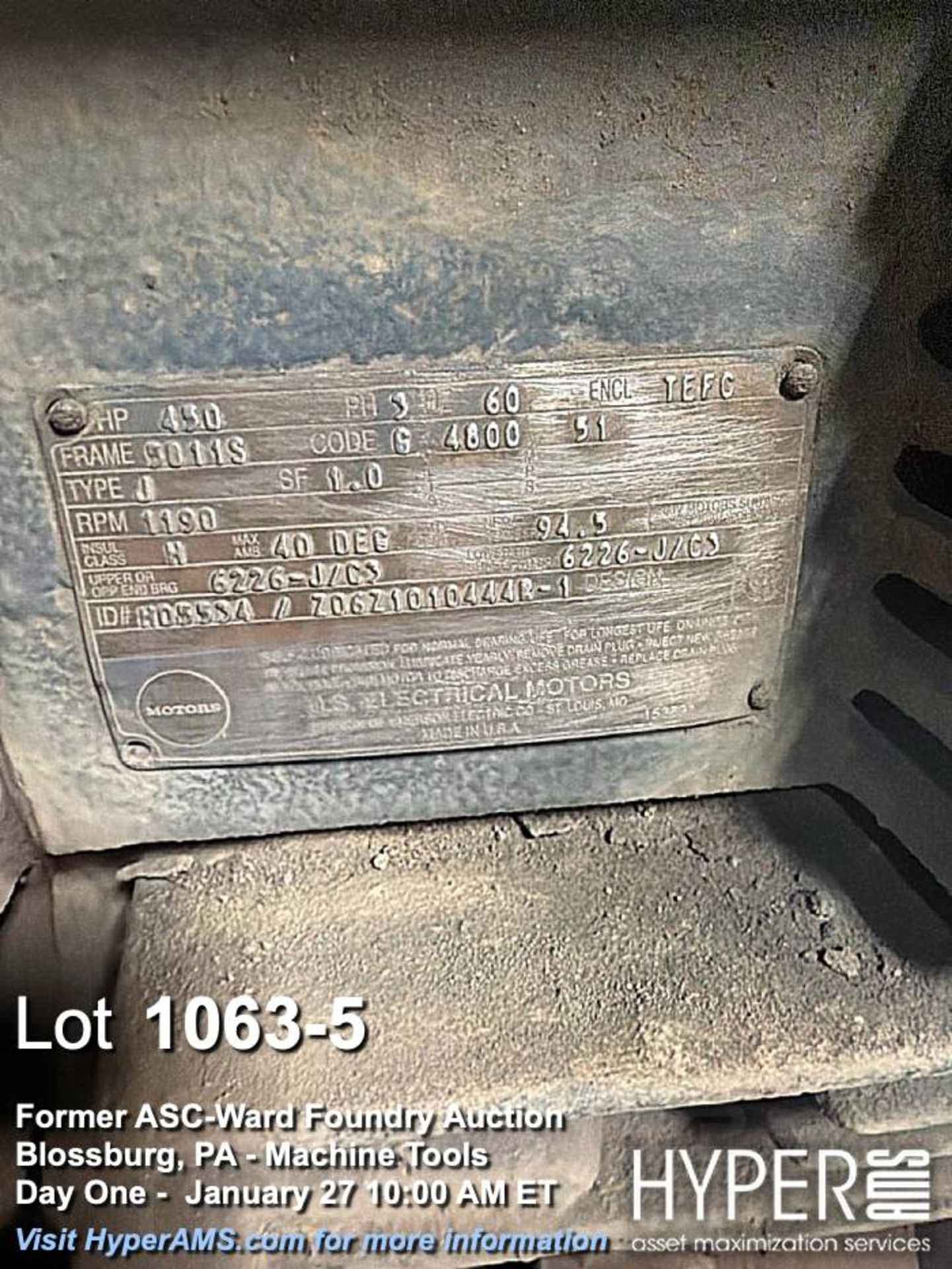 430 HP Electric Motor, 3-Phase, 60 Hz, 1190 RPM, Service Factor 1.0 ...