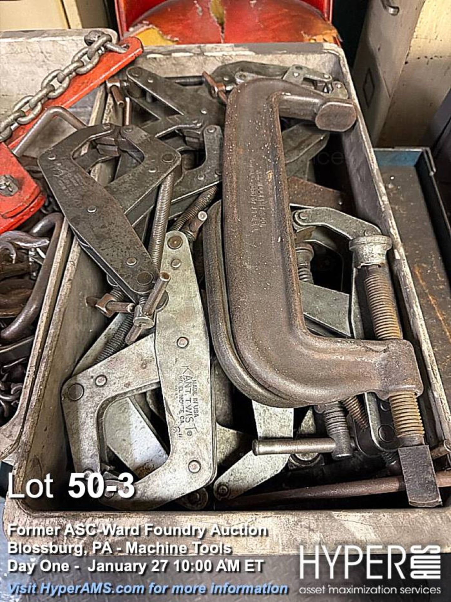 Metal workshop tools and fixtures, including C-clamps, V-blocks, angle ...