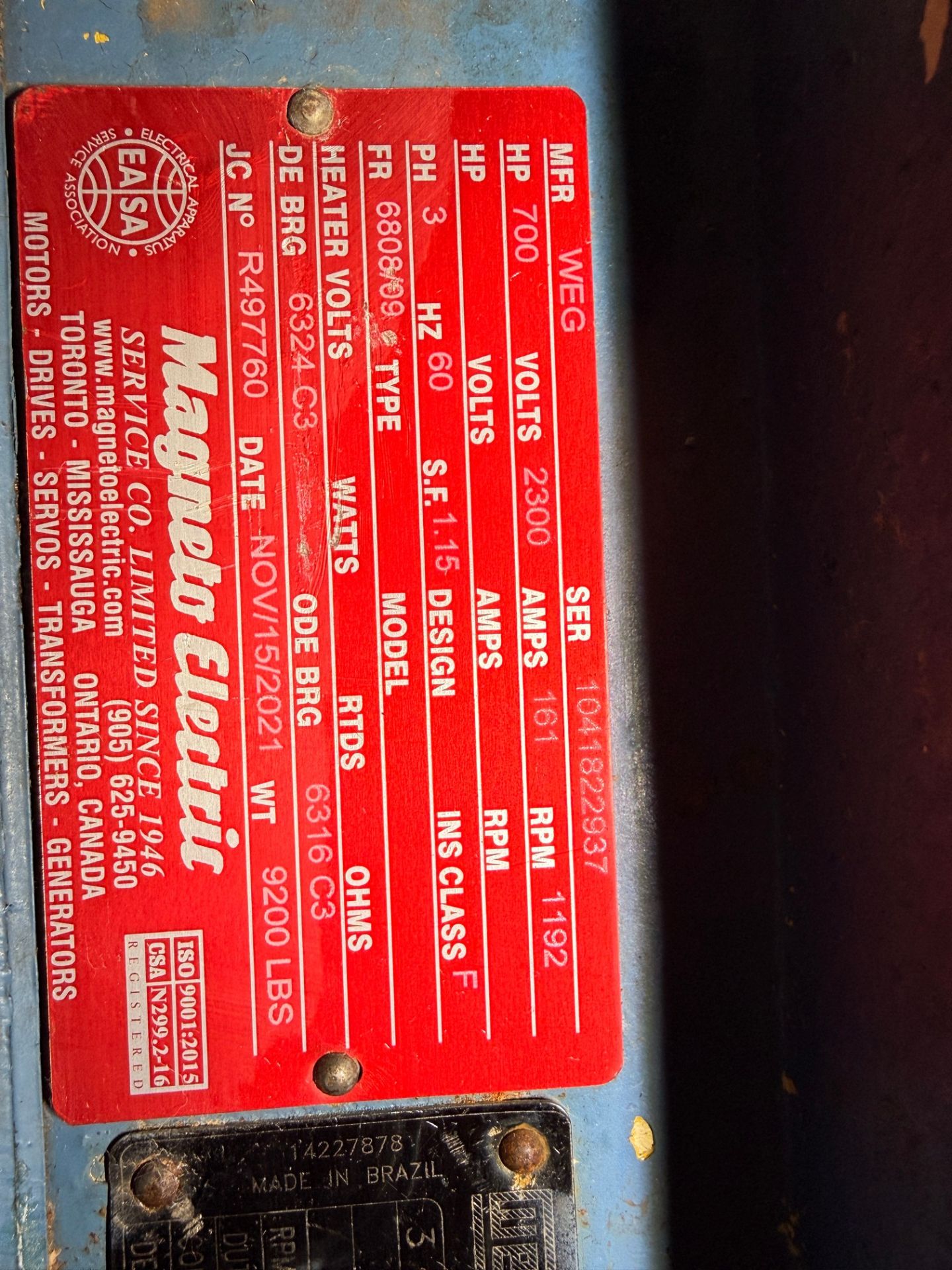 (2021) WEG Motor 700 Hp, 2300 V, 161 Amps, 1192 (RPM) 3 Ph, 6806/09 Fr ...