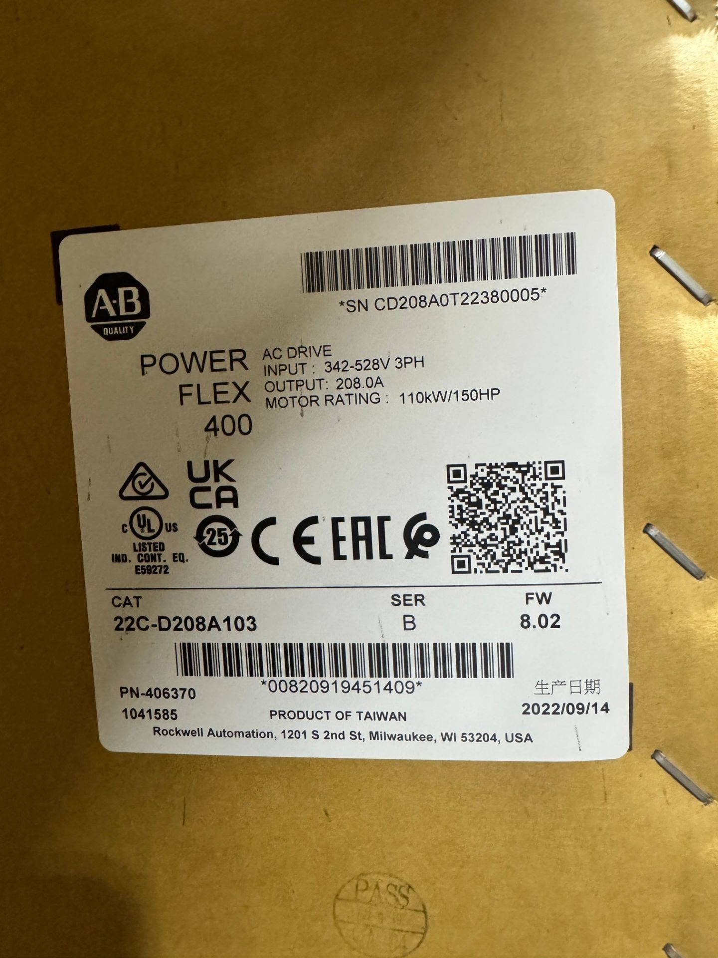 ALLEN-BRADLEY PowerFlex 400 Drive; AC, 250HPND (150HP), 480V, 3Phase, S ...
