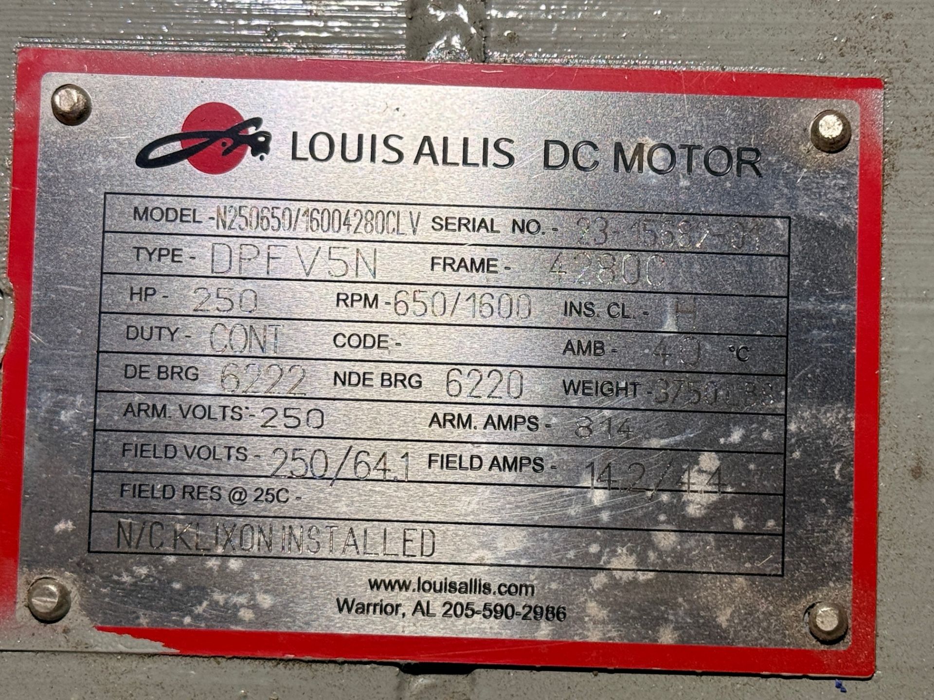 LOUIS-ALLIS DC MOTOR 250HP, 42800 frame, 650-1600 (rpm)s/n. 23-15589-01 ...
