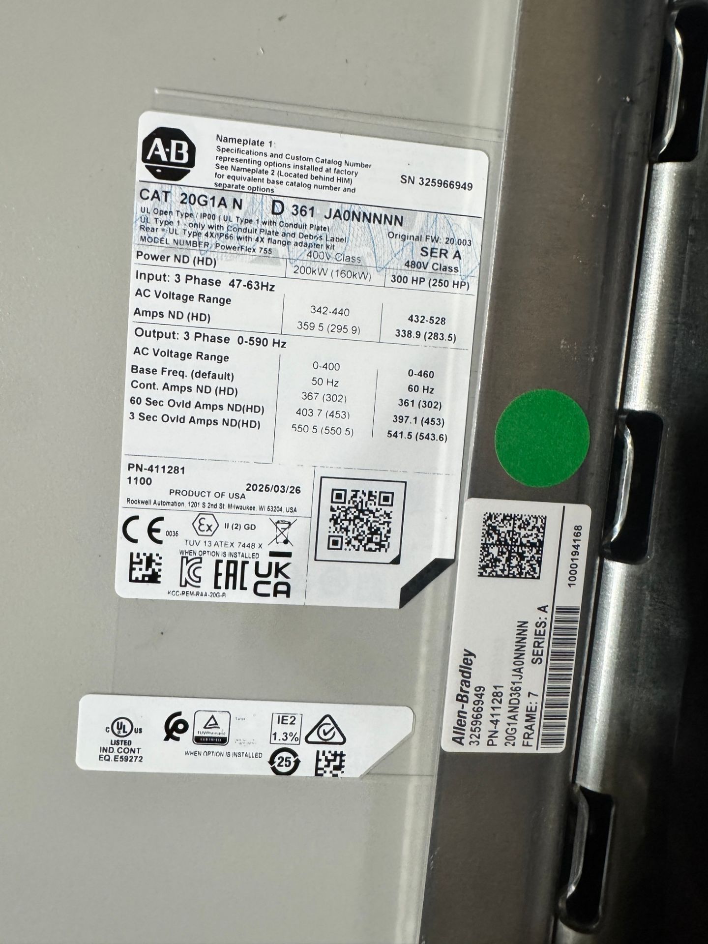ALLEN-BRADLEY PowerFlex 755 Drive; AC, 300HPND (250HP), 480V, 3Phase ...