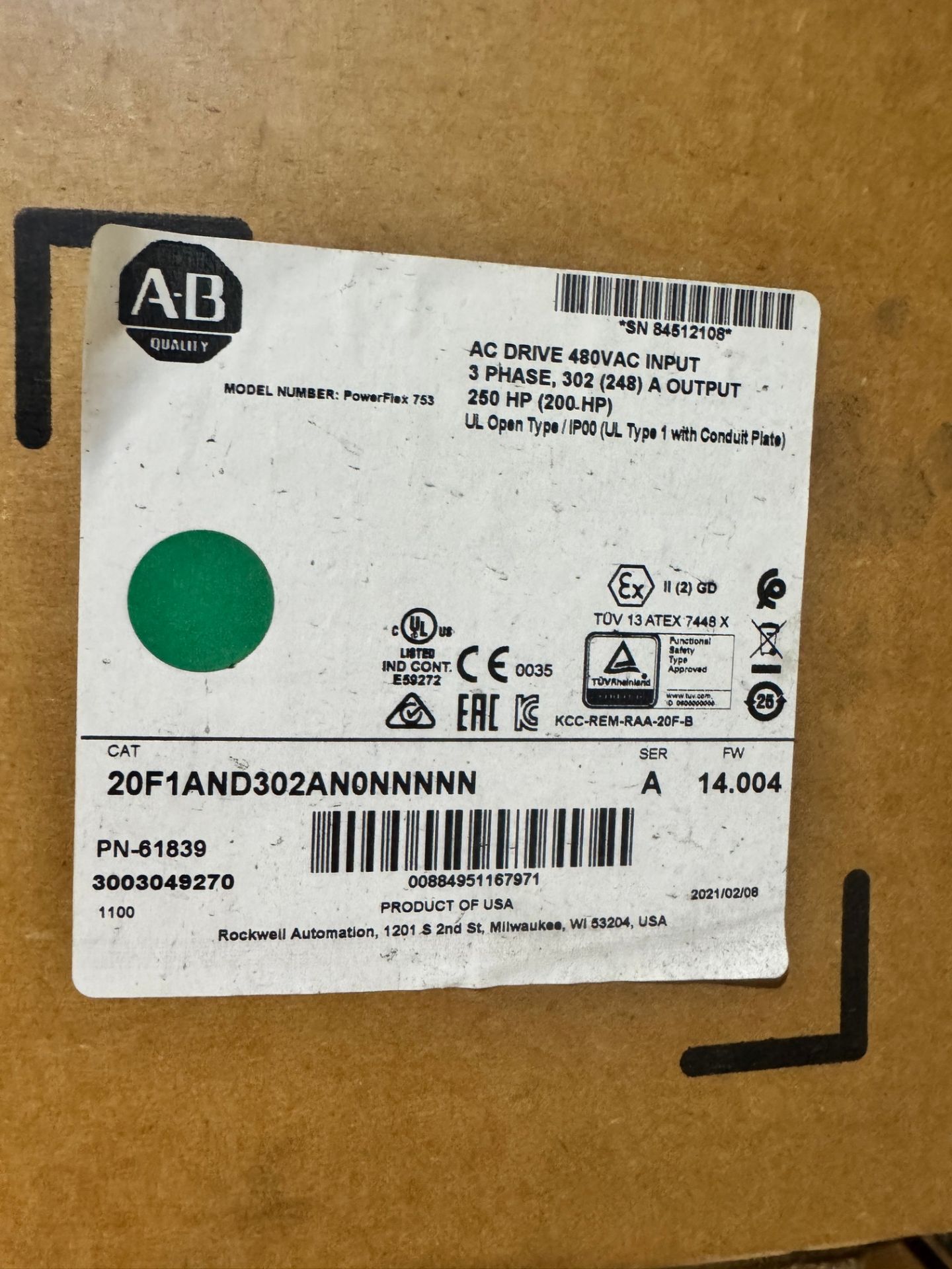 ALLEN-BRADLEY PowerFlex 753 Drive; AC, 250HPND (200HP), 480V, 3Phase, S ...