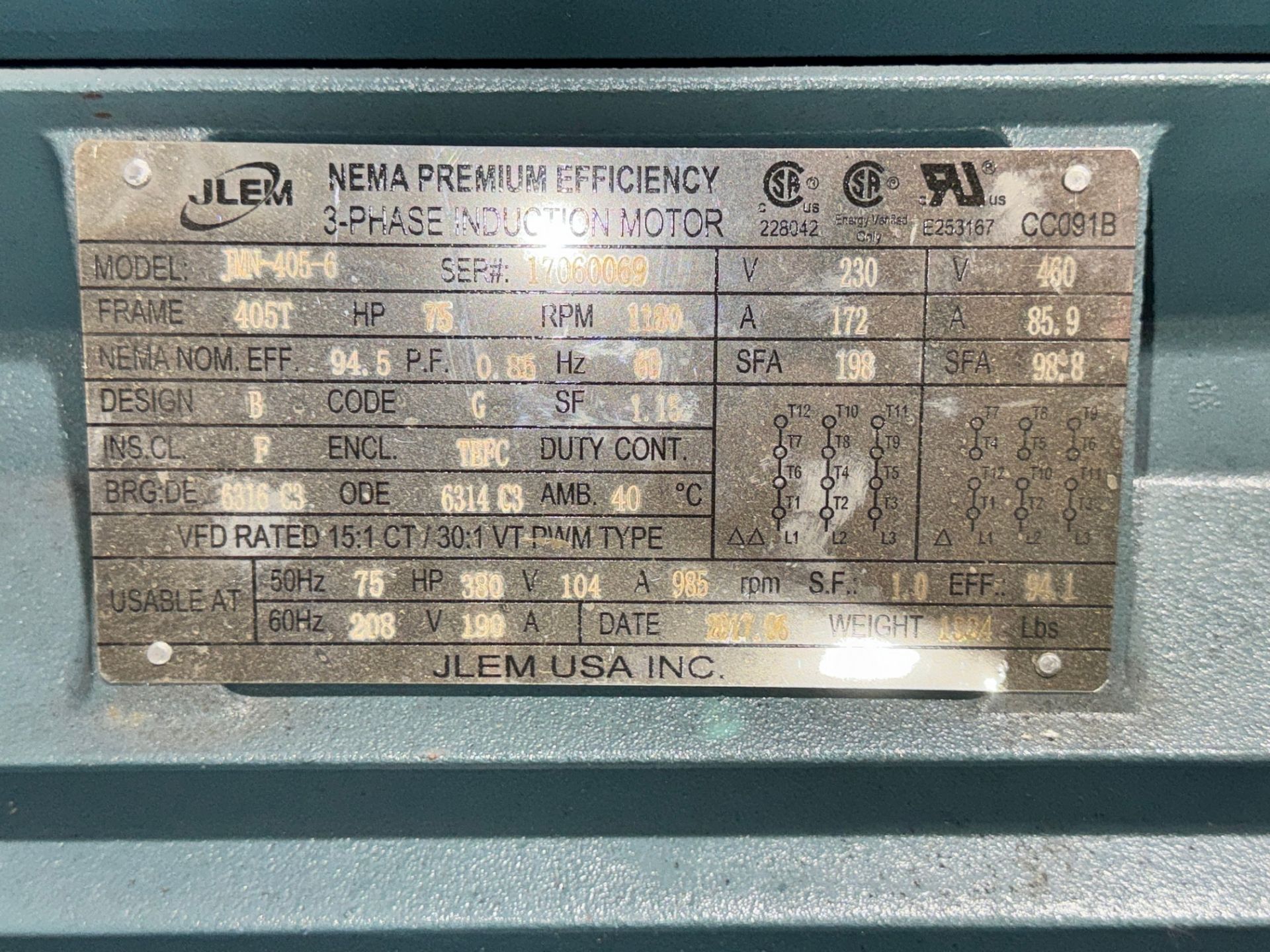 JLEM JMN-405-6 75HP, 1200 (RPM), Frame: 405T, 230/460V, 3Phase, IBM ...