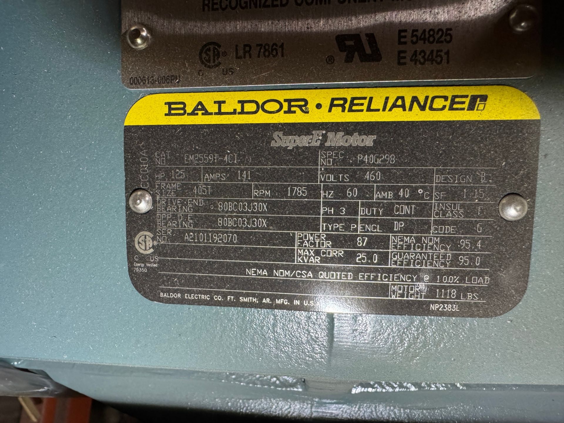 BALDOR RELIANCE SUPER-E MOTOR, 125HP, 460V, 405T FRAME, 1,785 RPM (57155)