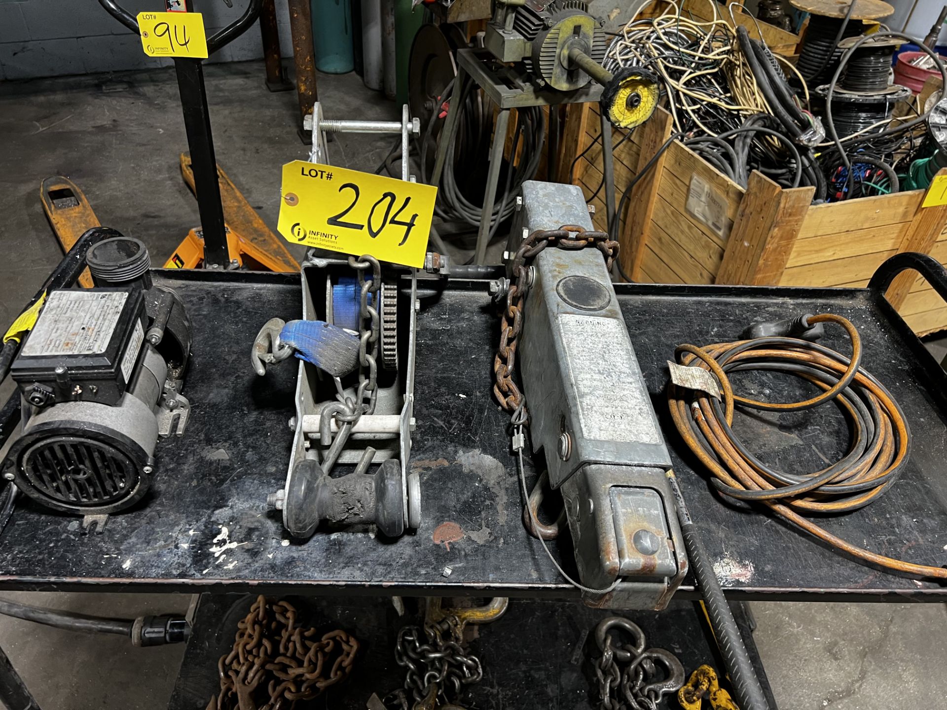 LOT OF AST. INDUSTRIAL LIFTING EQUIPMENT, CHAINS, PROFILE 2000 WINCH W ...