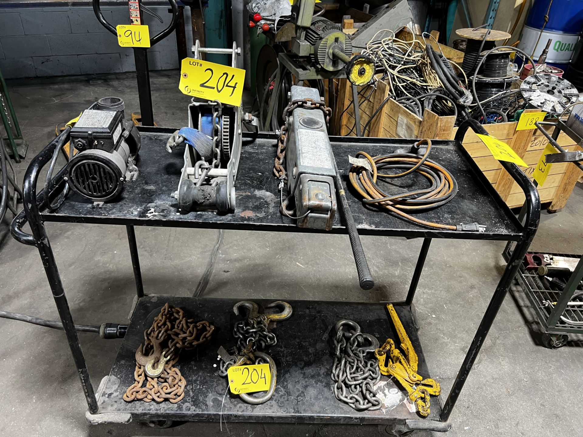 LOT OF AST. INDUSTRIAL LIFTING EQUIPMENT, CHAINS, PROFILE 2000 WINCH W ...