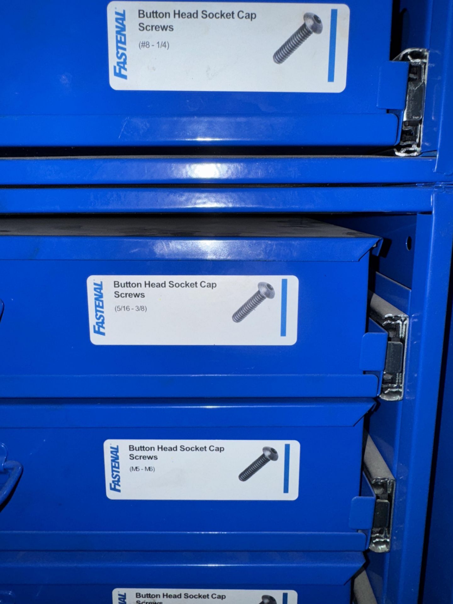 3 Fastenal 4 Drawer Cabinets with Socket Screws, Caps, Bolts, Et. Stacked