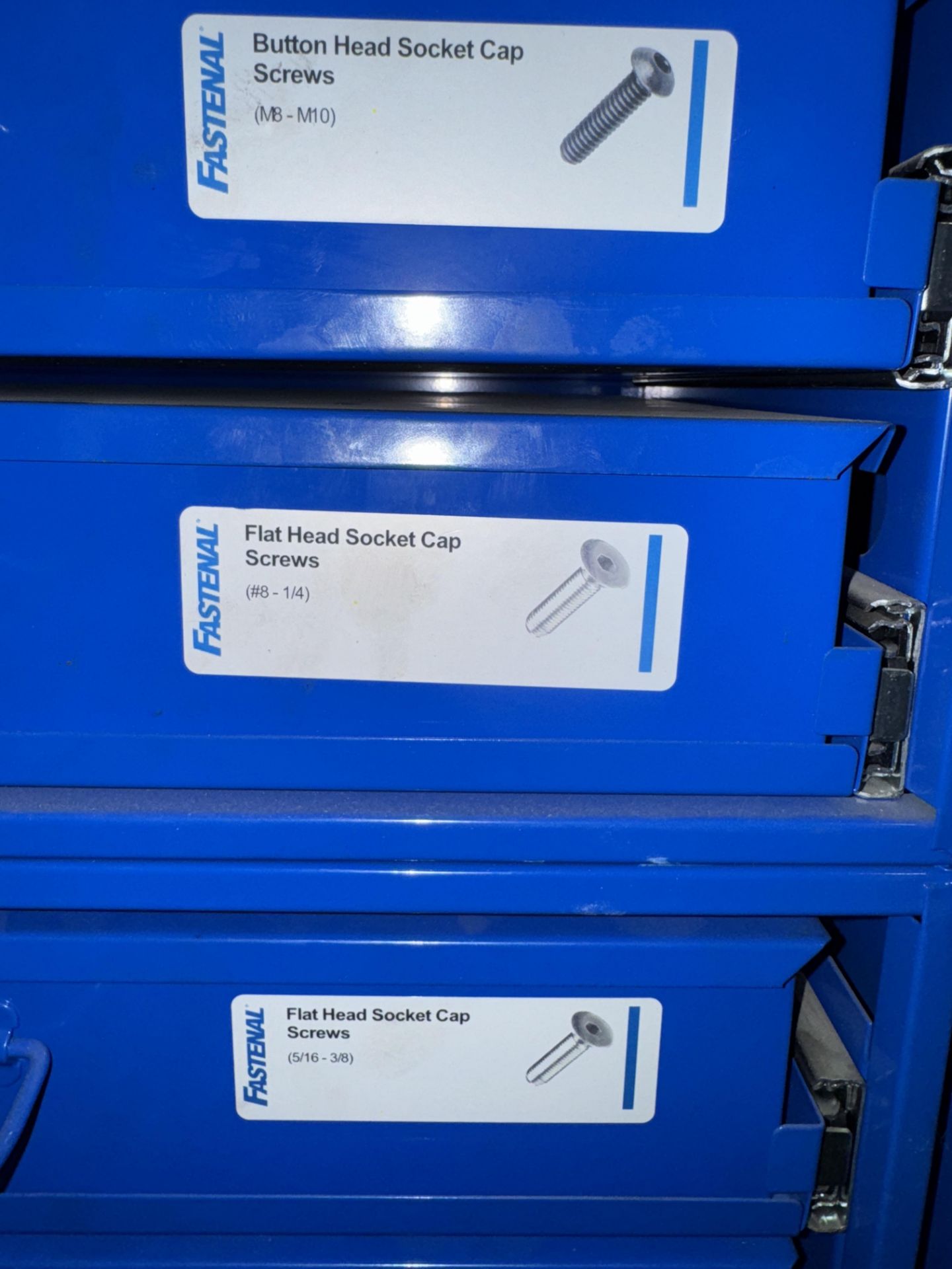 3 Fastenal 4 Drawer Cabinets with Socket Screws, Caps, Bolts, Et. Stacked