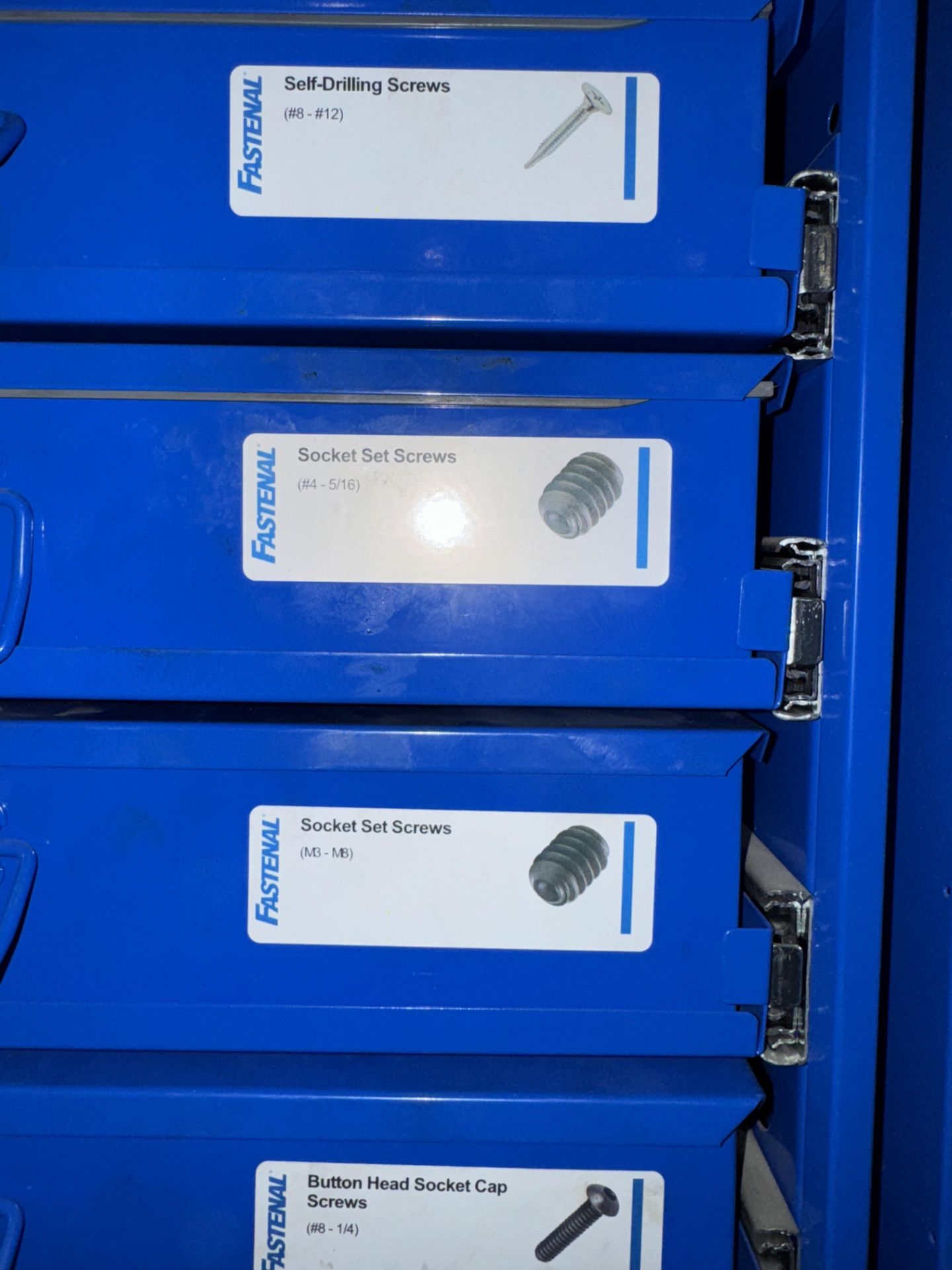 3 Fastenal 4 Drawer Cabinets with Socket Screws, Caps, Bolts, Et. Stacked