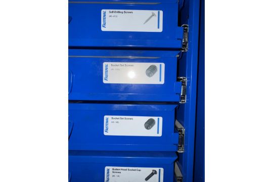 3 Fastenal 4 Drawer Cabinets with Socket Screws, Caps, Bolts, Et. Stacked