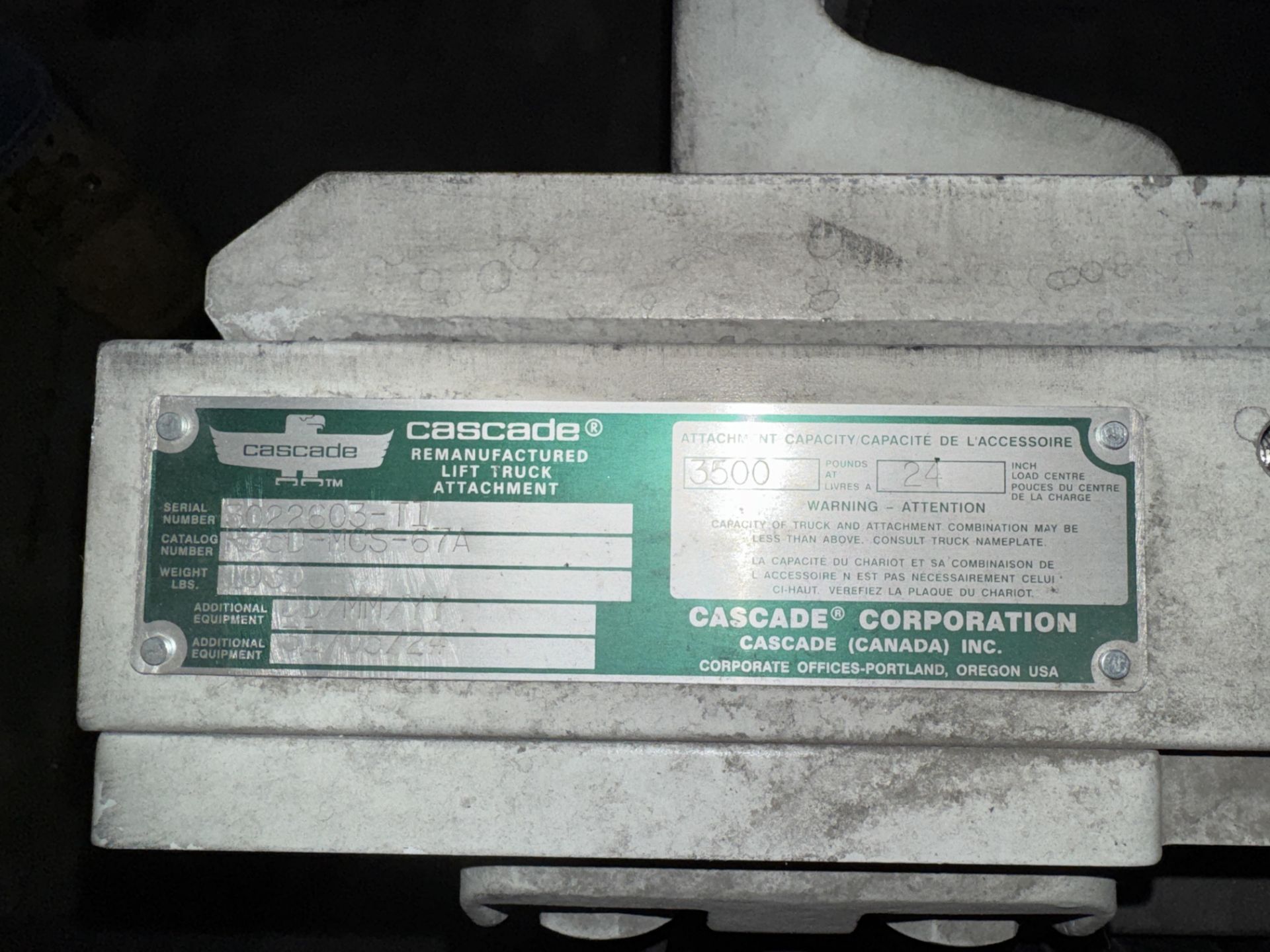 Cascade 3,500. Lb. Clamp Lift Attachment, S/N 3022603-T1