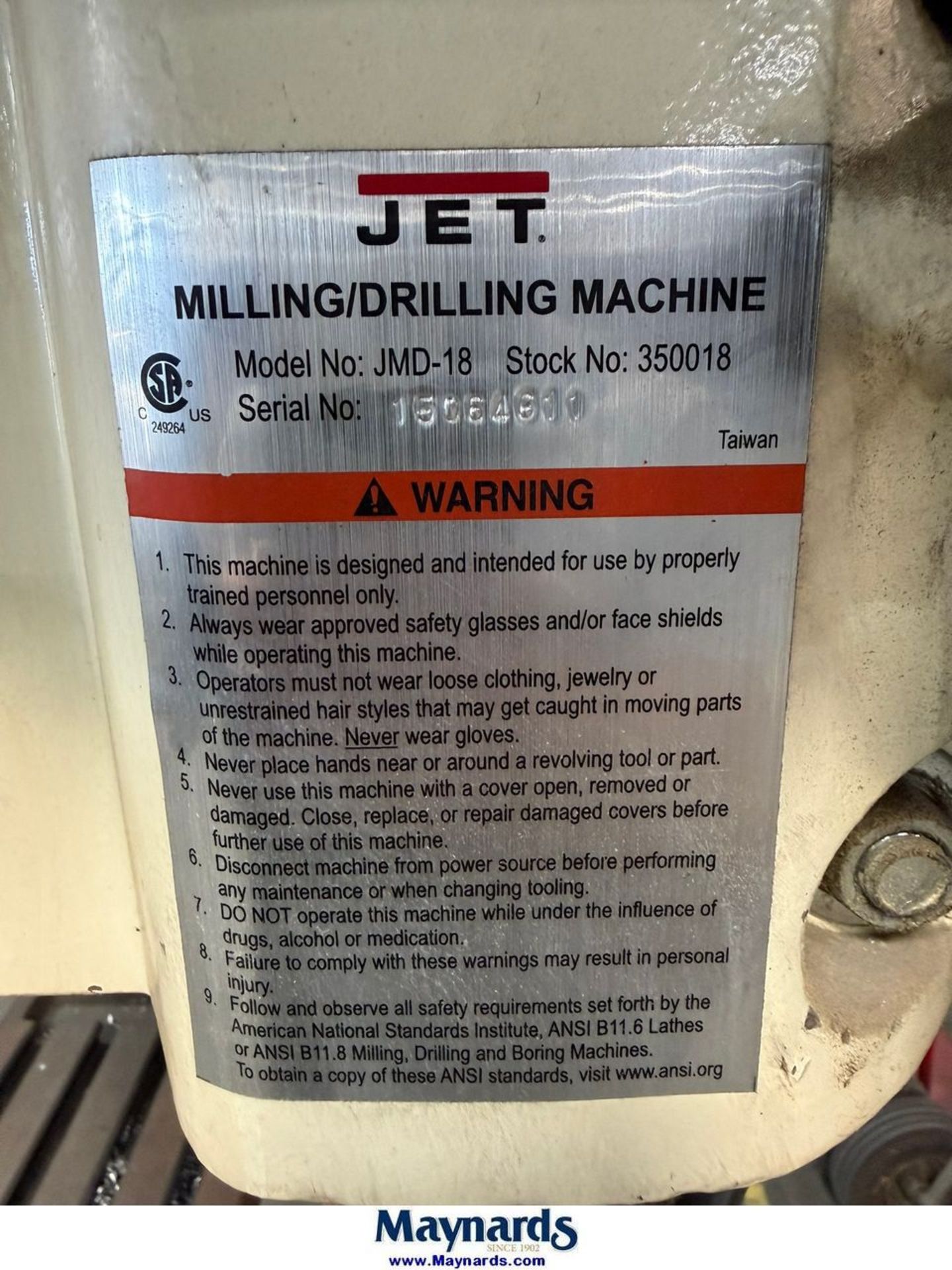 Jet Vertical Milling/Drilling Machine (Model JMD-18) ; Stock No. 350018 ...